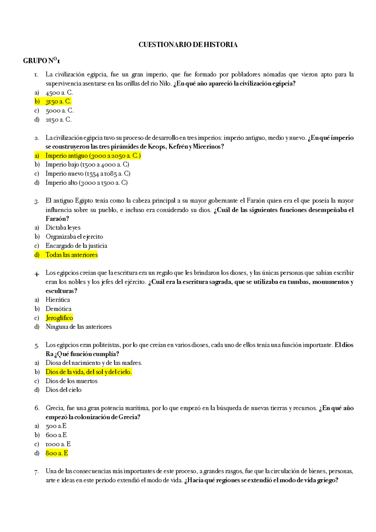 Cuestionario de historia | Exámenes de Historia | Docsity