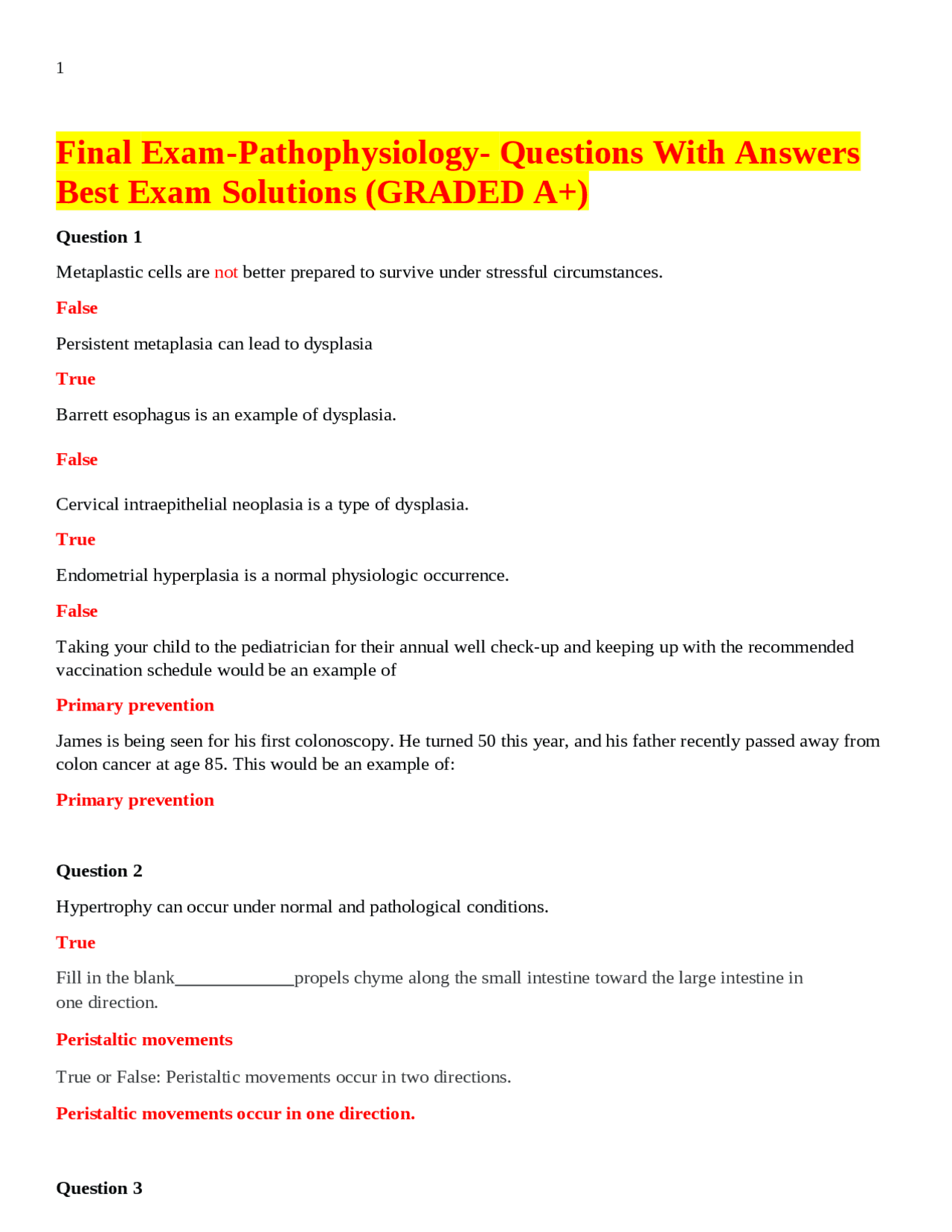Final Exam Pathophysiology Questions With Answers Best Exam Solutions