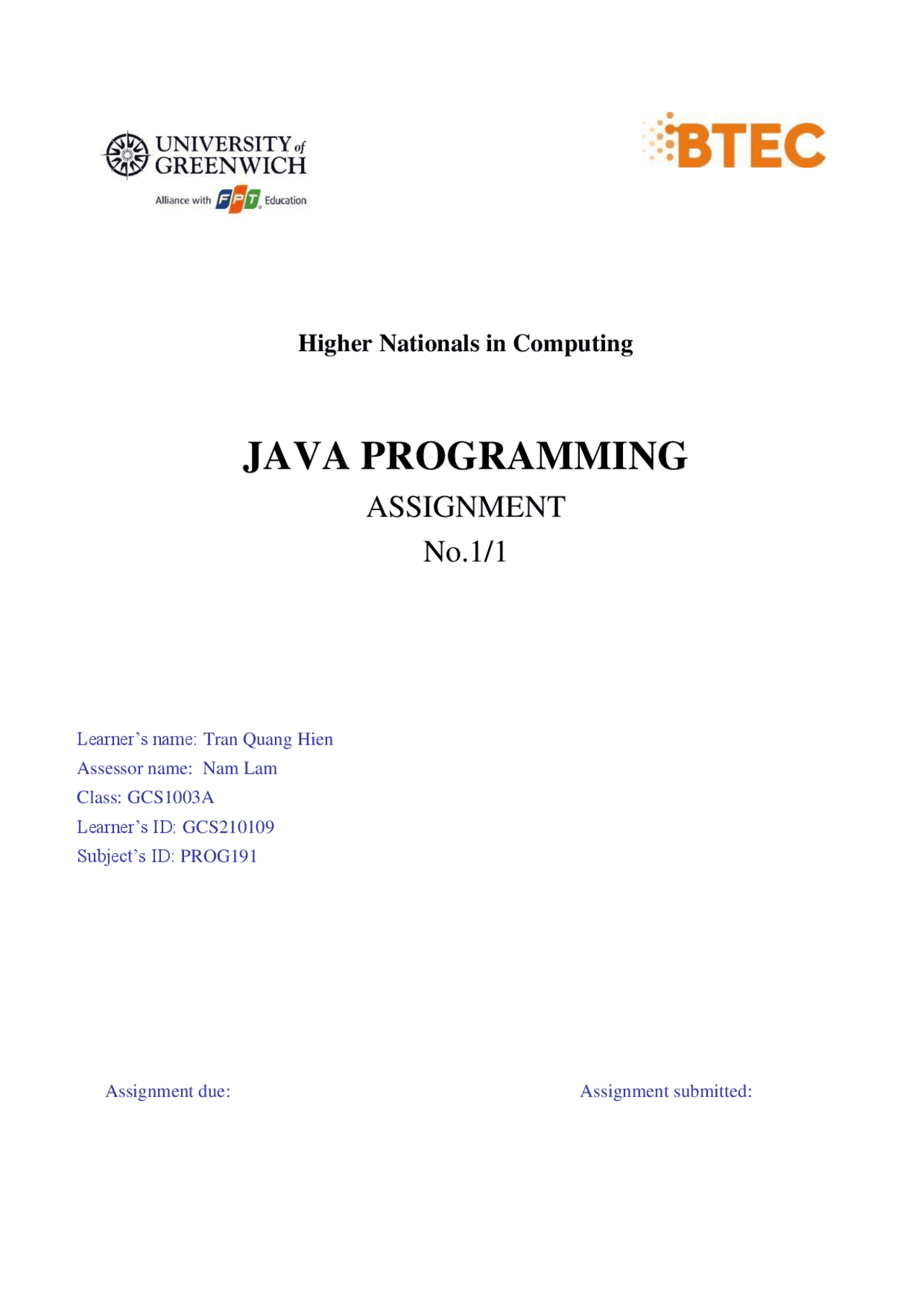 Assignment Prog191 Effective For Everyone Who Wants P Assignments Java Programming Docsity