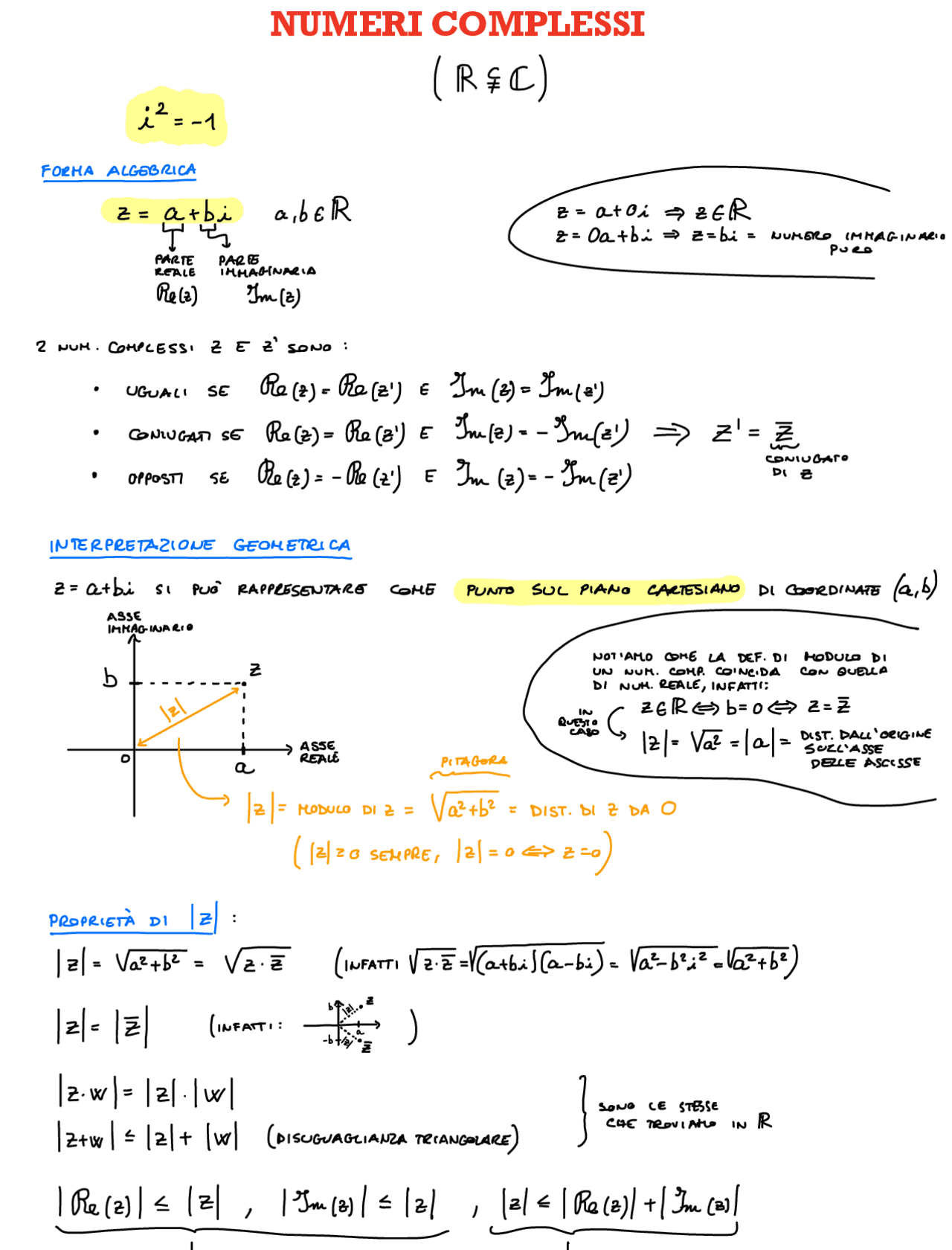 Il campo dei numeri complessi | Schemi e mappe concettuali di Analisi Matematica I | Docsity