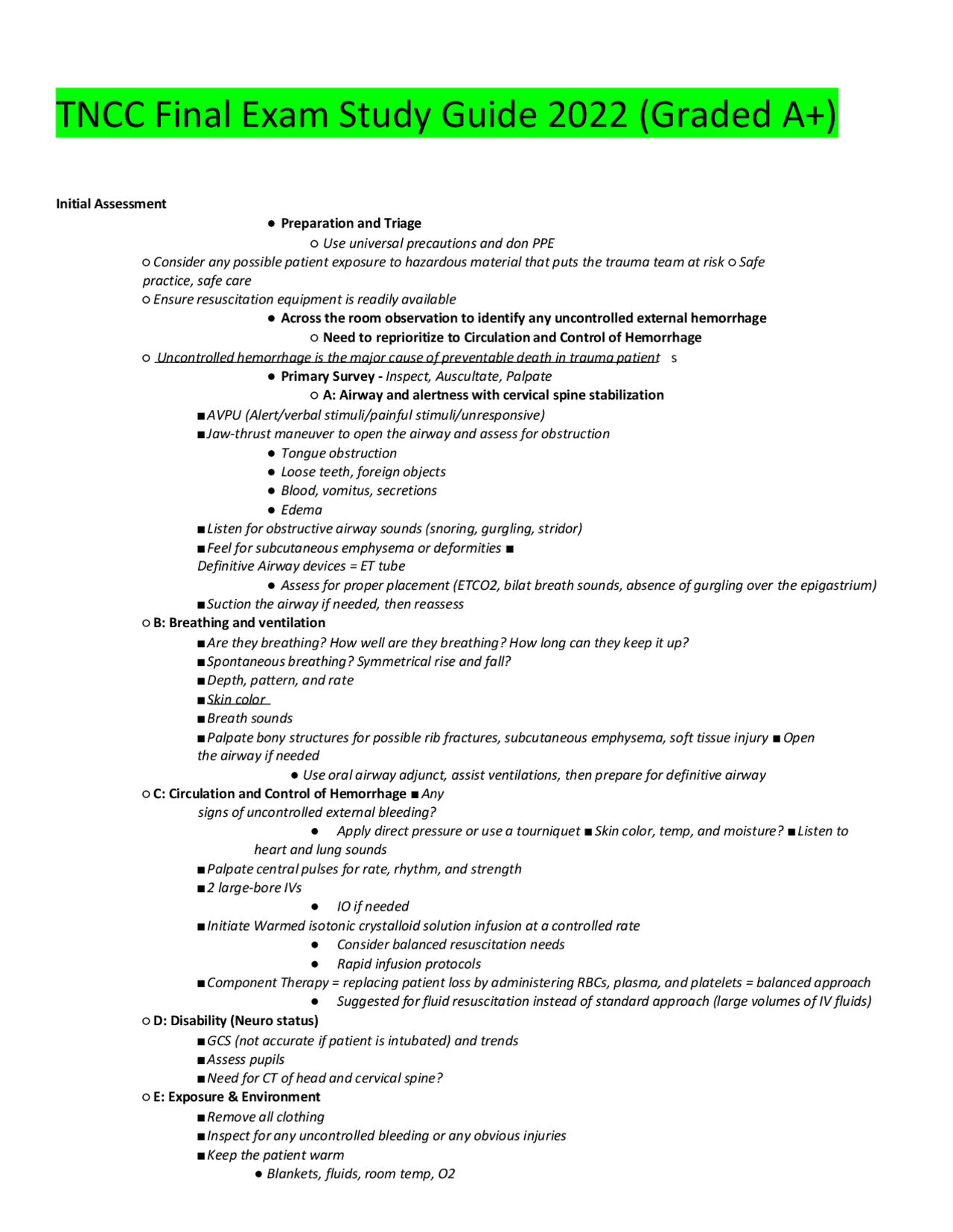 TNCC Final Exam Study Guide 2022 (Graded A+) | Exams Nursing | Docsity
