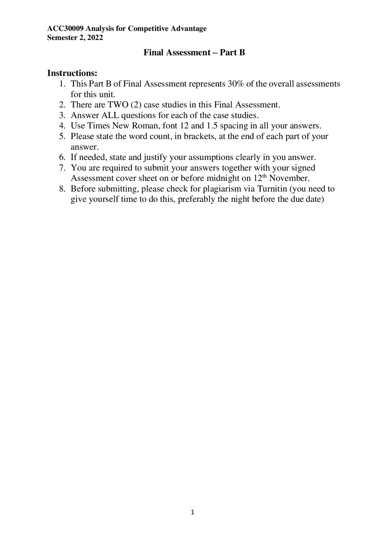 ACC30009 final assessment | Exams Cost Accounting | Docsity