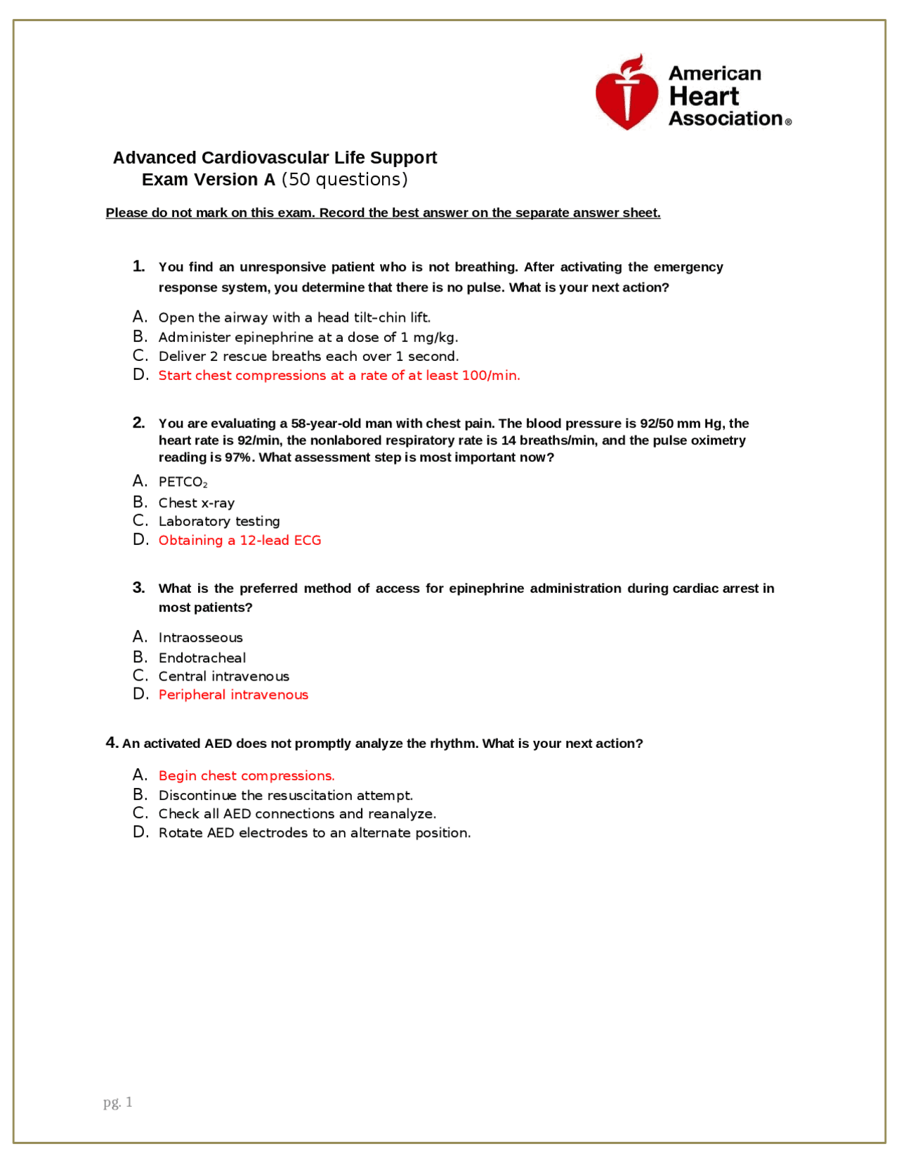 Advanced Cardiovascular Life Support Exam Version A (50 questions ...