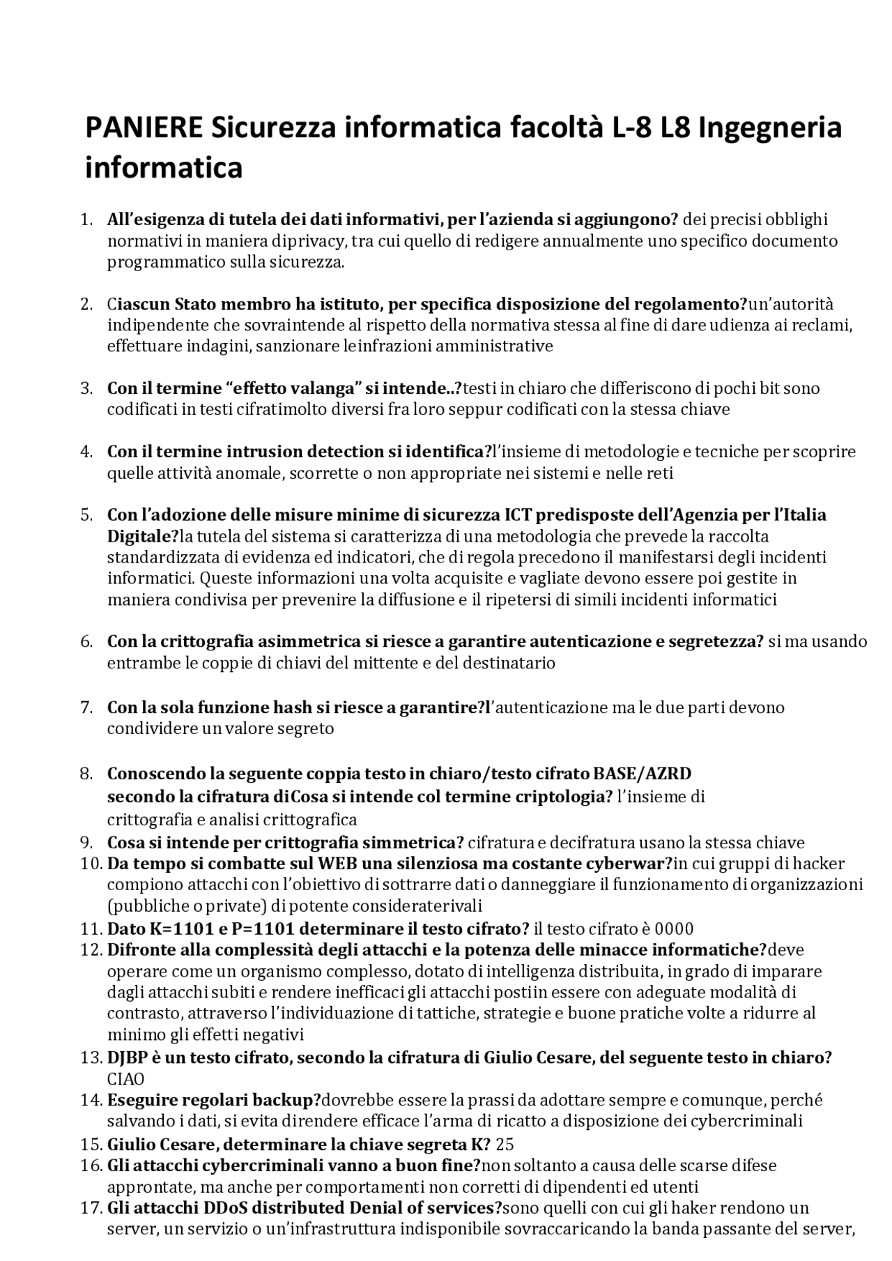 Paniere Sicurezza Informatica Facoltà L 8 Ingegneria Informatica