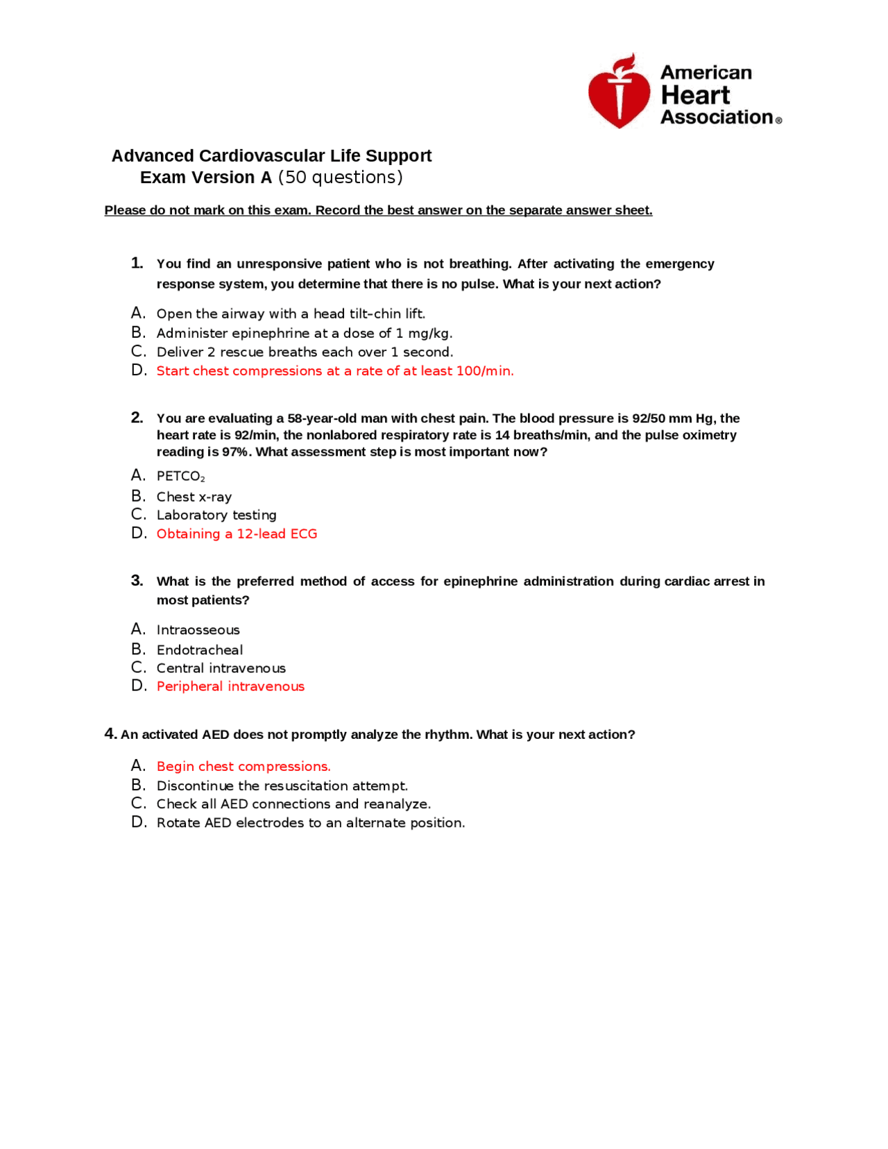 Advanced Cardiovascular Life Support Exam Version A 50 Questions