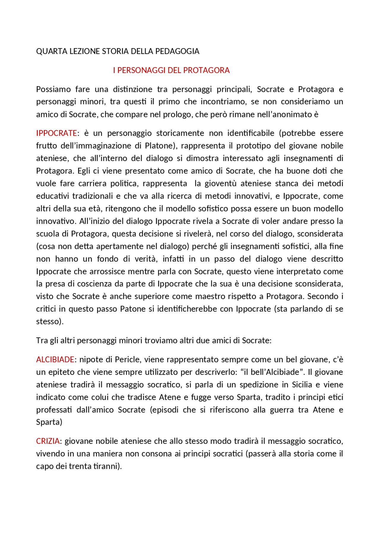 Personaggi del "Protagora" e i 5 principi della virtù | Appunti di Storia Della Pedagogia | Docsity