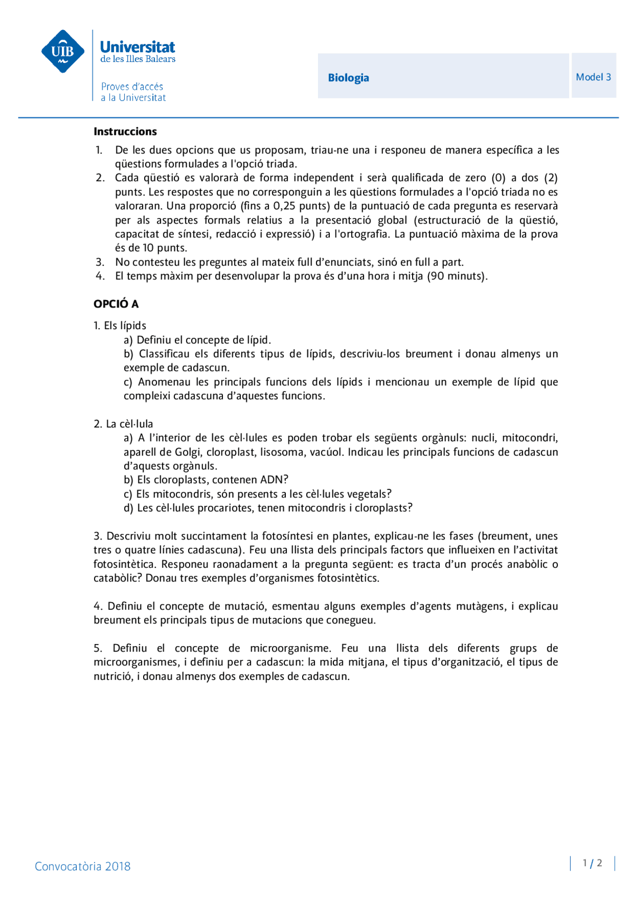 Examen Biologia 2018 Junio Exámenes Selectividad De Biología Docsity