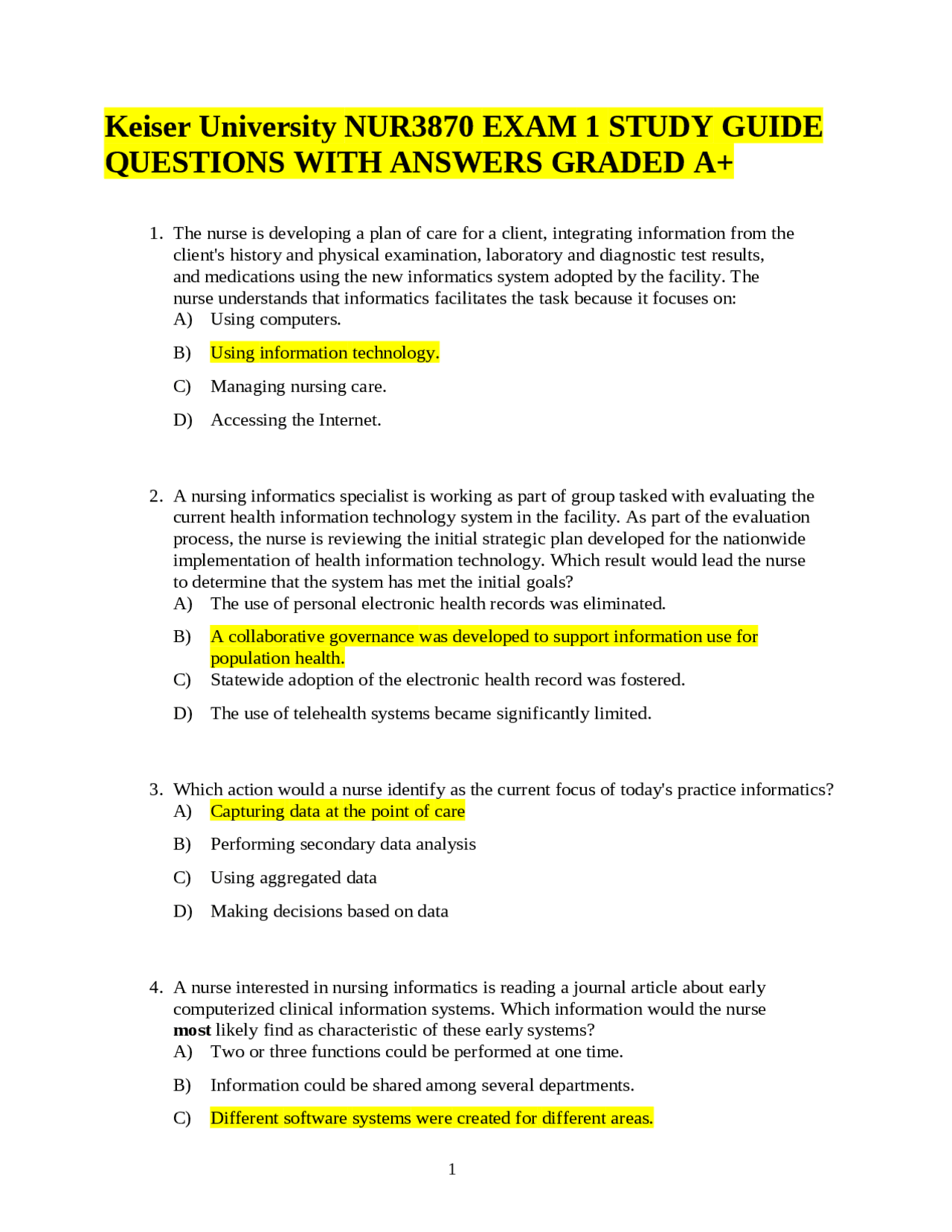 Keiser University NUR3870 EXAM 1 STUDY GUIDE QUESTIONS WITH ANSWERS ...
