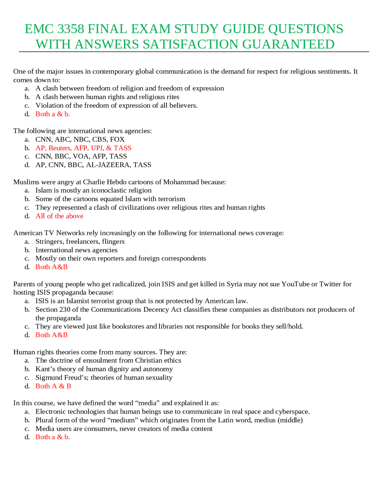 EMC 3358 FINAL EXAM STUDY GUIDE QUESTIONS WITH ANSWERS SATISFACTION ...