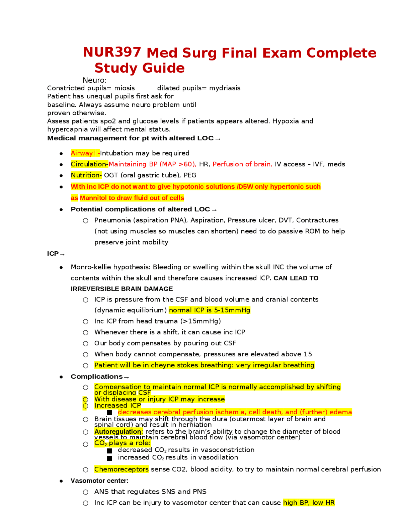 NUR397 Med Surg Final Exam Complete Study Guide | Study Guides, Projects, Research Nursing | Docsity