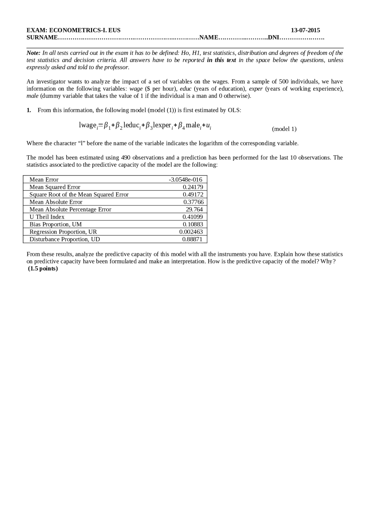Reevaluación examen, contiene soluciones | Exámenes de Econometría | Docsity