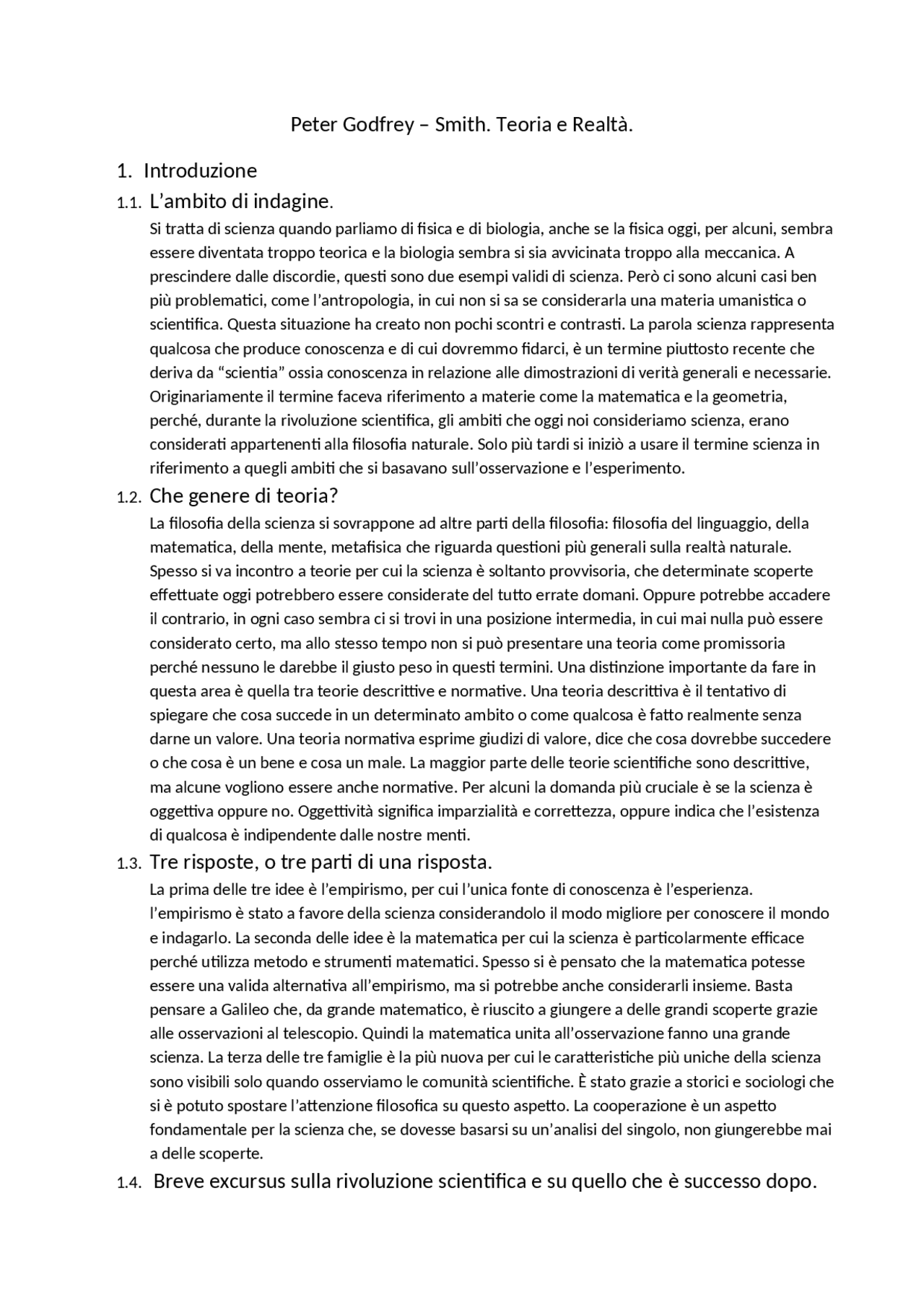 Riassunto opera Teoria e realtà di Peter Godfrey Smith | Sintesi del ...