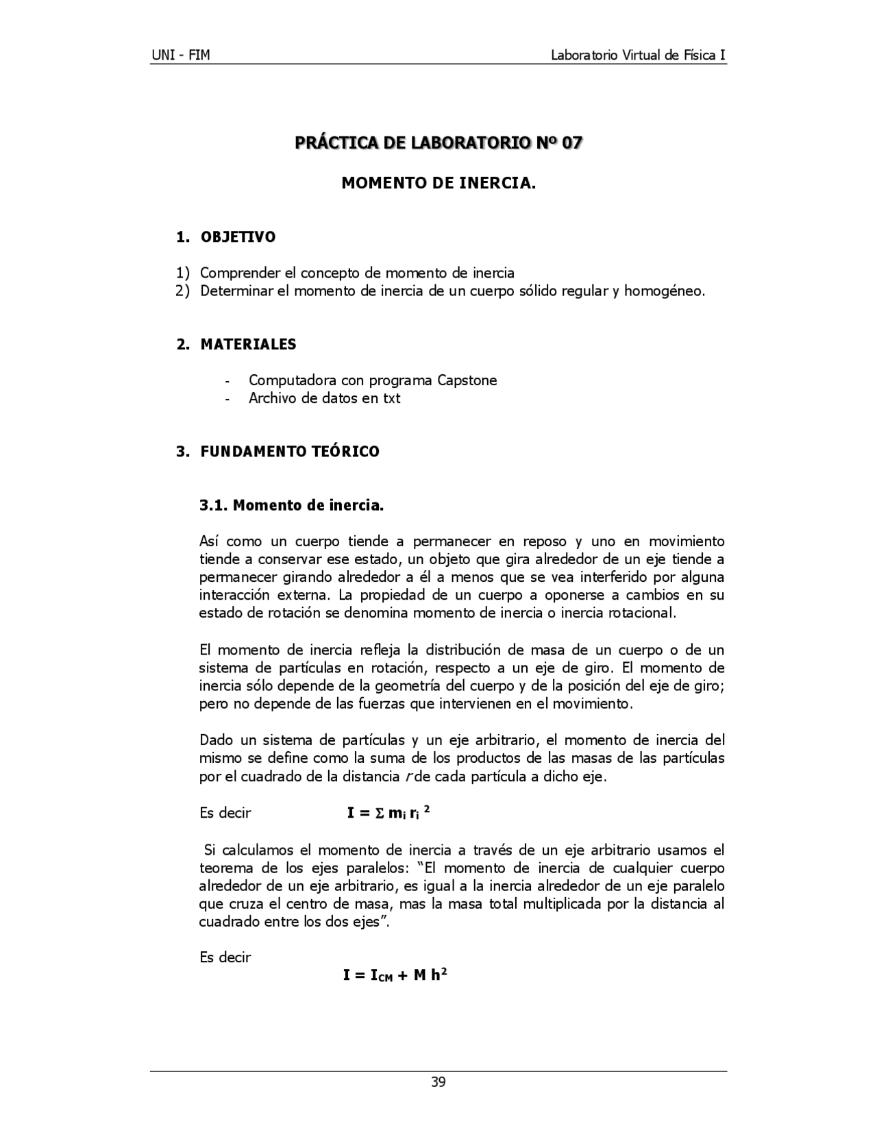 Lab momento de inercia | Apuntes de Física | Docsity