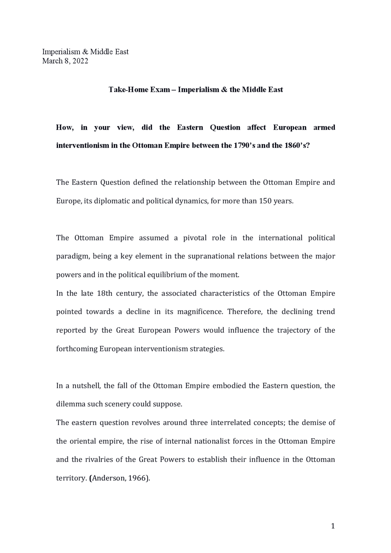 Take-Home Exam, Imperialism & the Middle East 1798-1945: Power,Politics ...