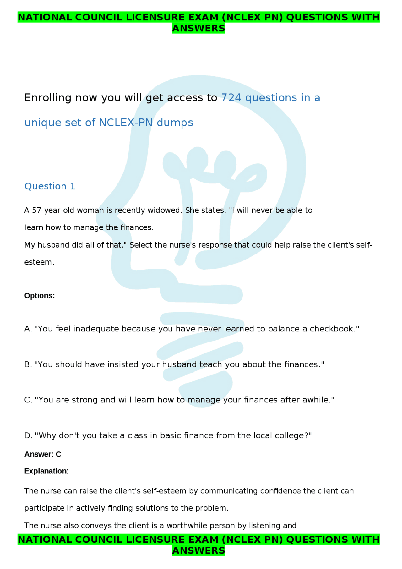 NATIONAL COUNCIL LICENSURE EXAM (NCLEX PN) QUESTIONS WITH ANSWERS ...