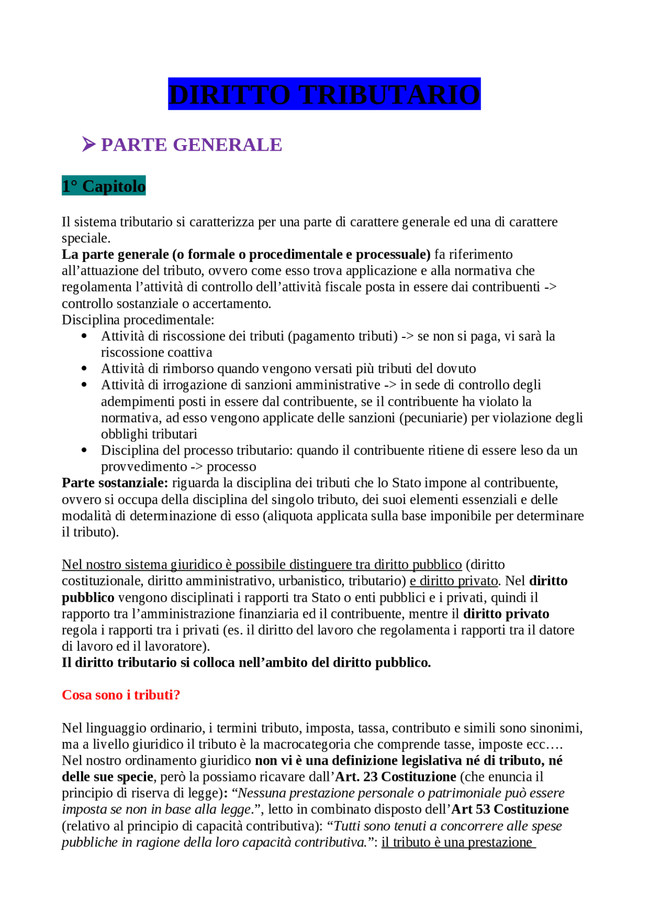 Riassunto diritto (mancano alcuni capitoli parte speciale) | Dispense di Diritto Tributario ...