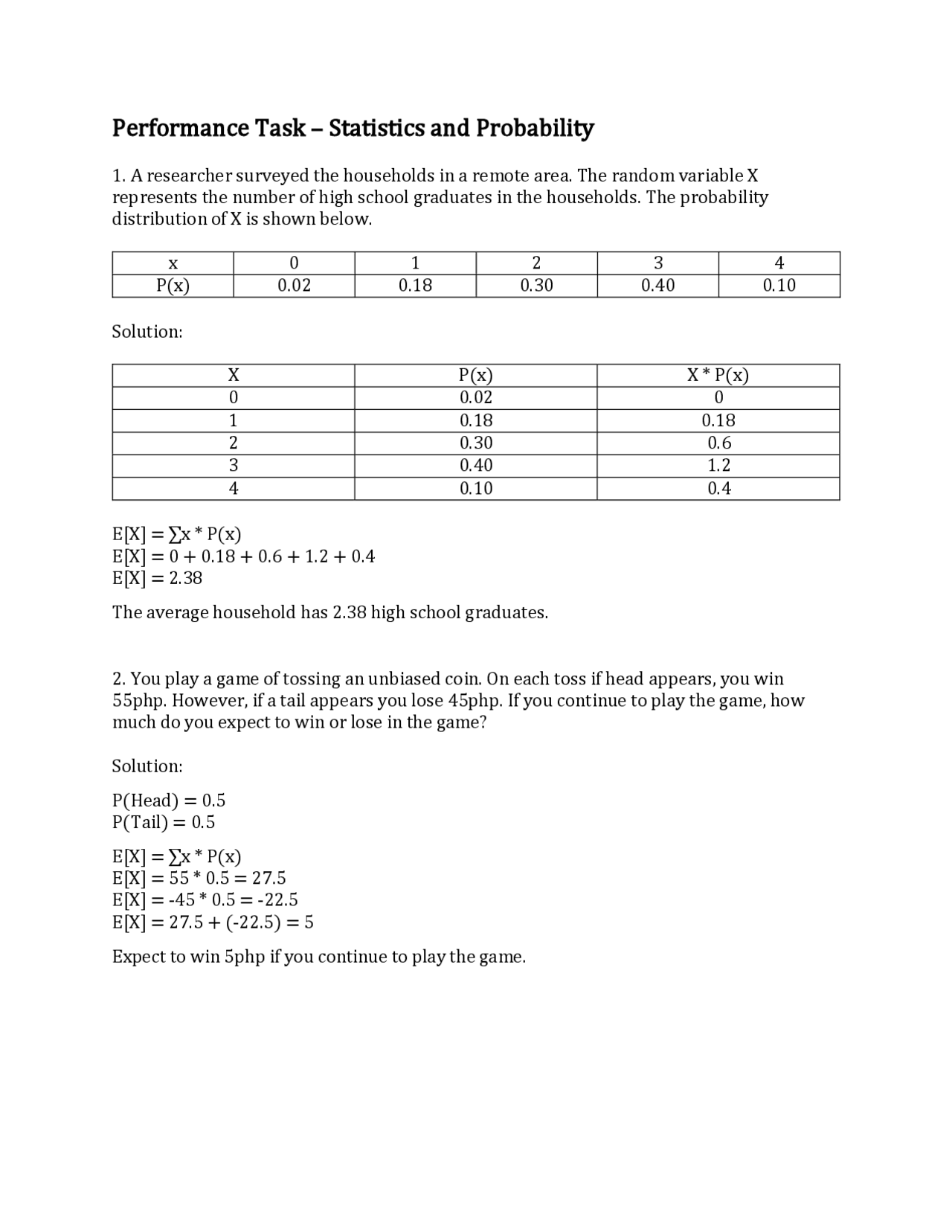 Statistics and Probability 3 | Exercises Mathematics | Docsity