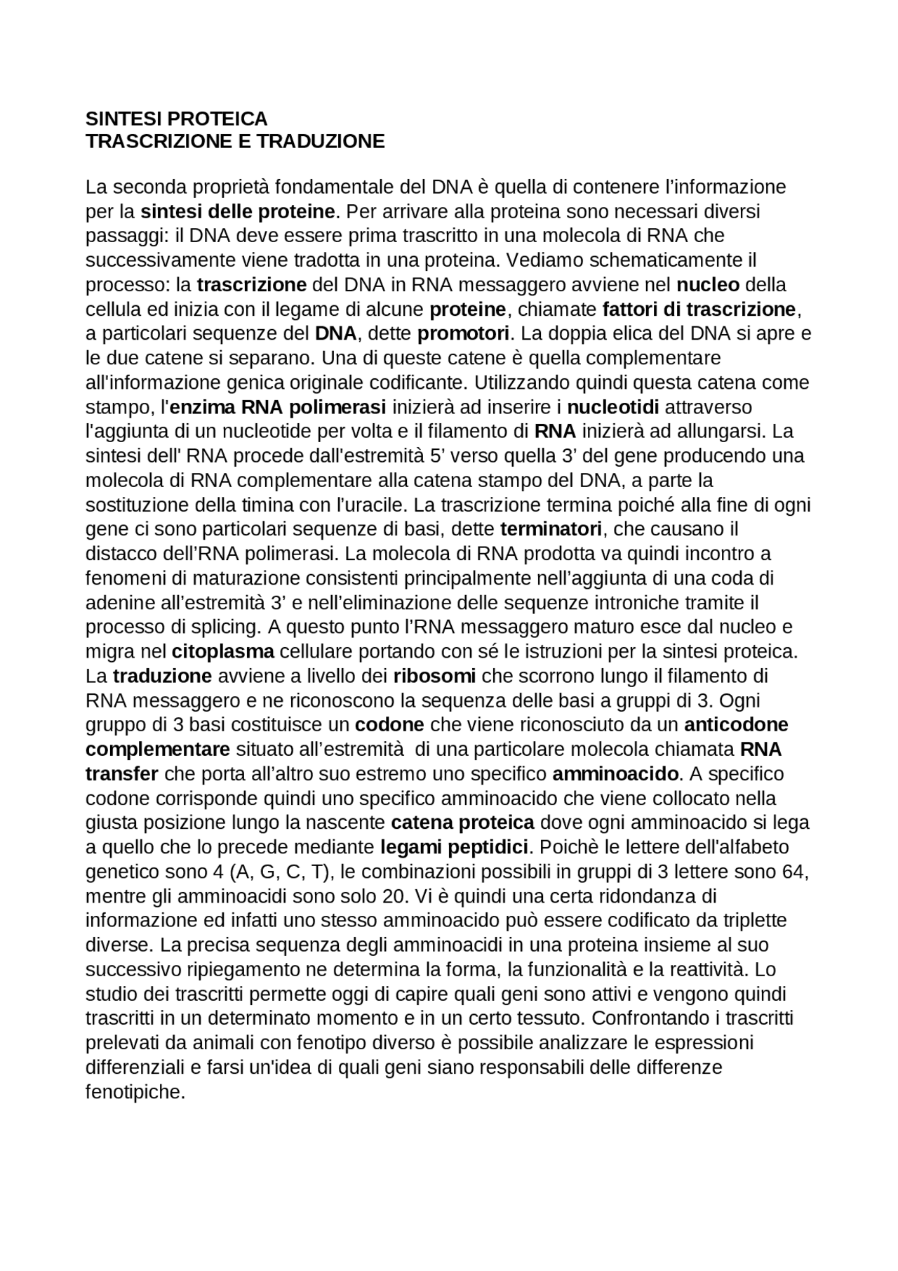 Processi Di Traduzione E Trascrizione Appunti Di Biologia Docsity