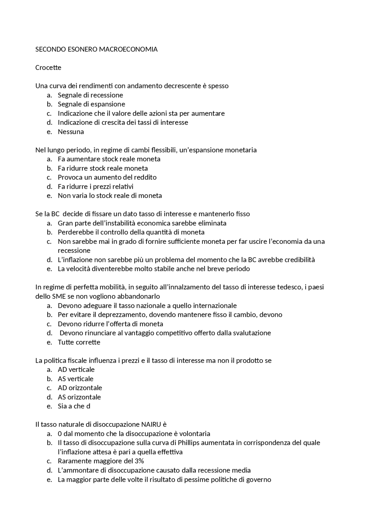 Crocette secondo esonero macroeconomia | Appunti di Macroeconomia | Docsity