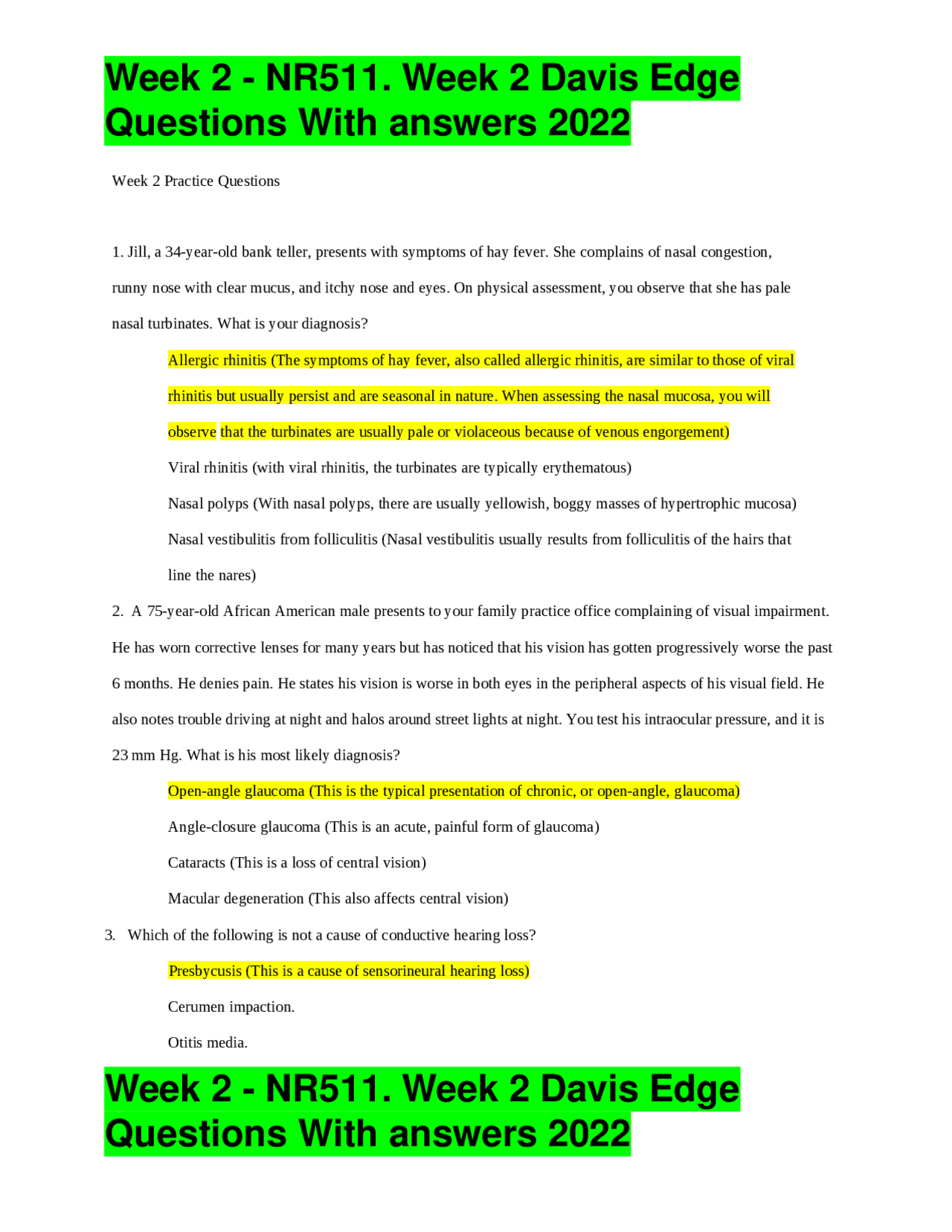 Week 2 - NR511. Week 2 Davis Edge Questions With answers 2022 | Exams ...