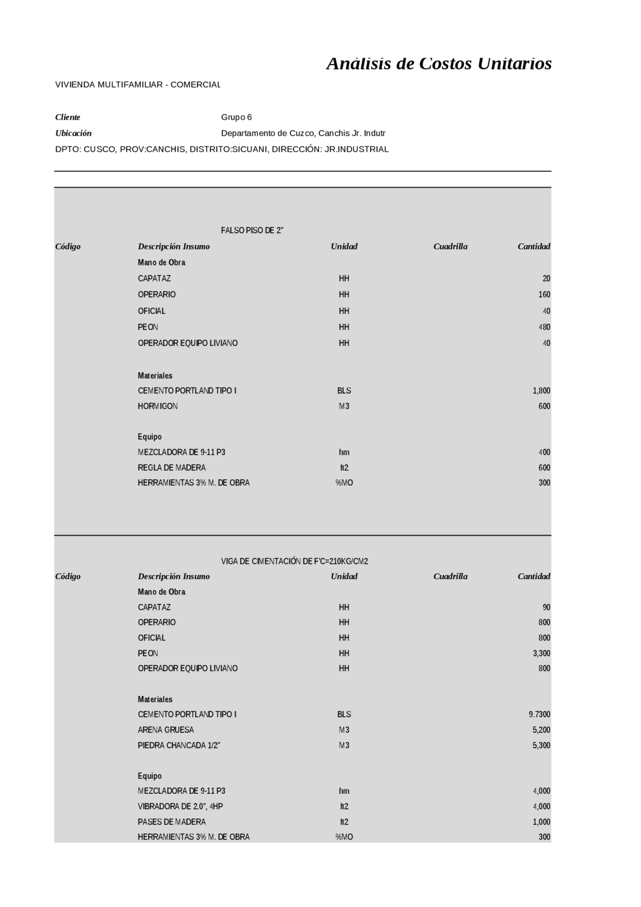 Calculo de Apu GRUPO 6 COSTOS Y PROGRAMACIÓN | Ejercicios de Ingeniería ...