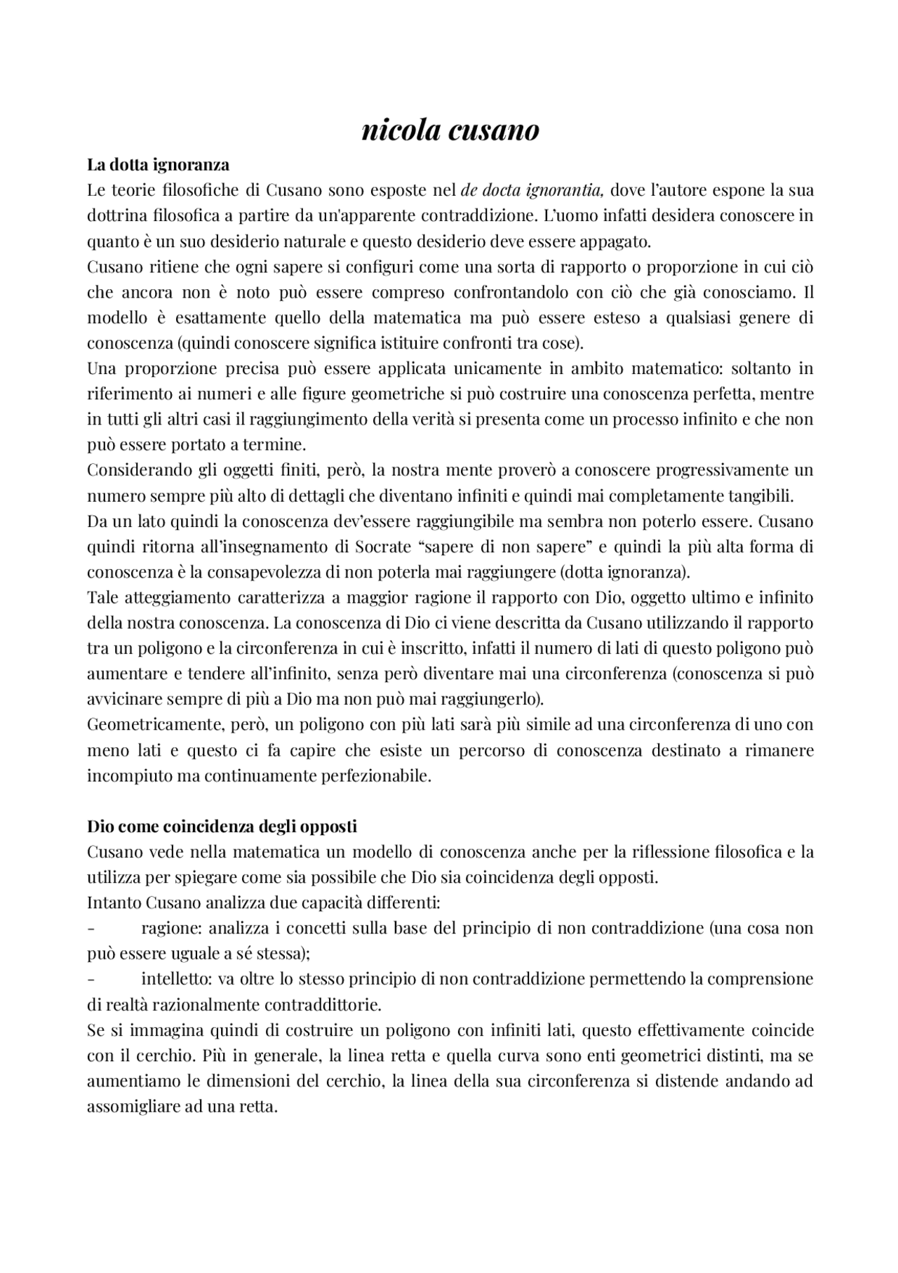 Riassunti Nicola Cusano Appunti Di Filosofia Docsity