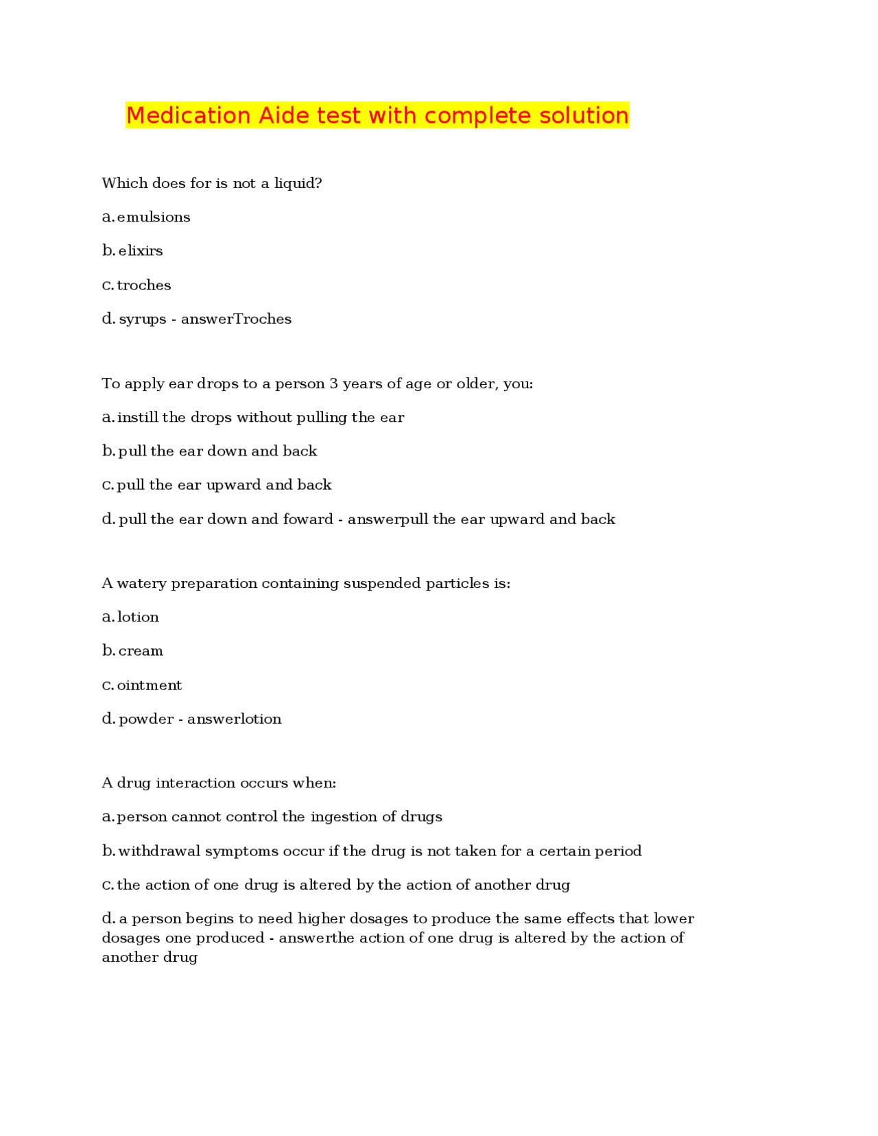 Medication Aide Test With Complete Solution Exams Nursing Docsity