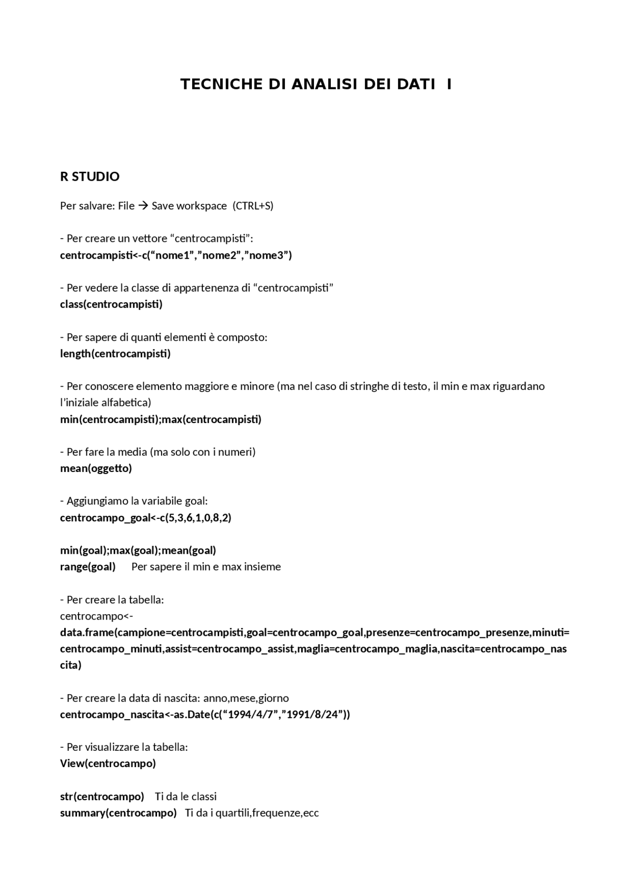 Tecniche di Analisi dei Dati I, comandi R studio principali | Schemi e mappe concettuali di ...