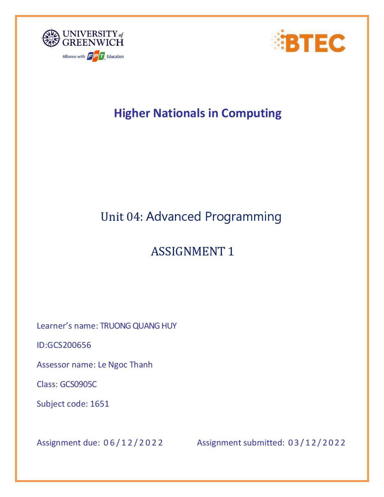 Asm1 Advanced Programming (pass) | Assignments Advanced Algorithms | Docsity