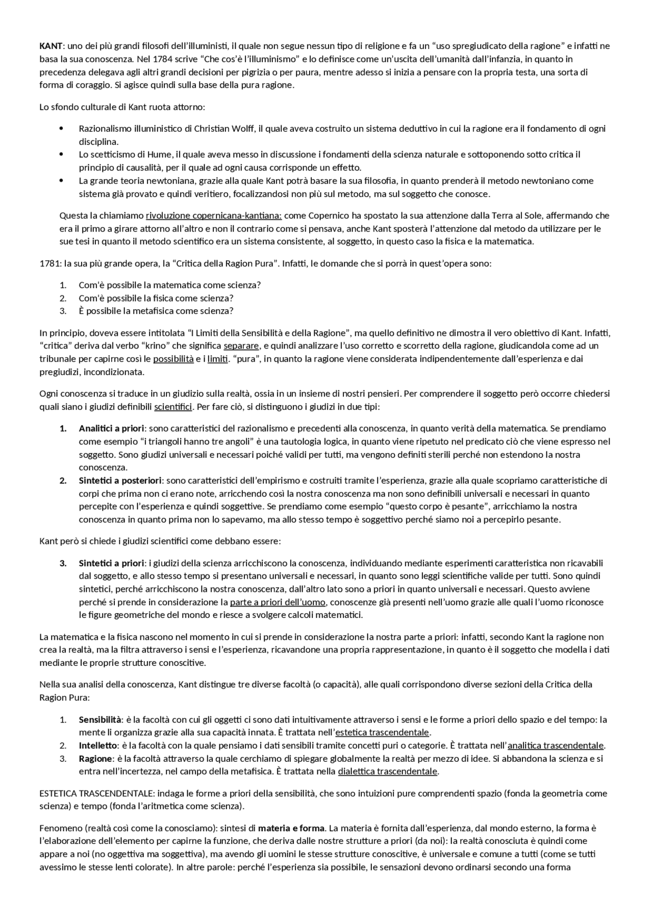 Kant Riassunto Completo Appunti Di Filosofia Docsity