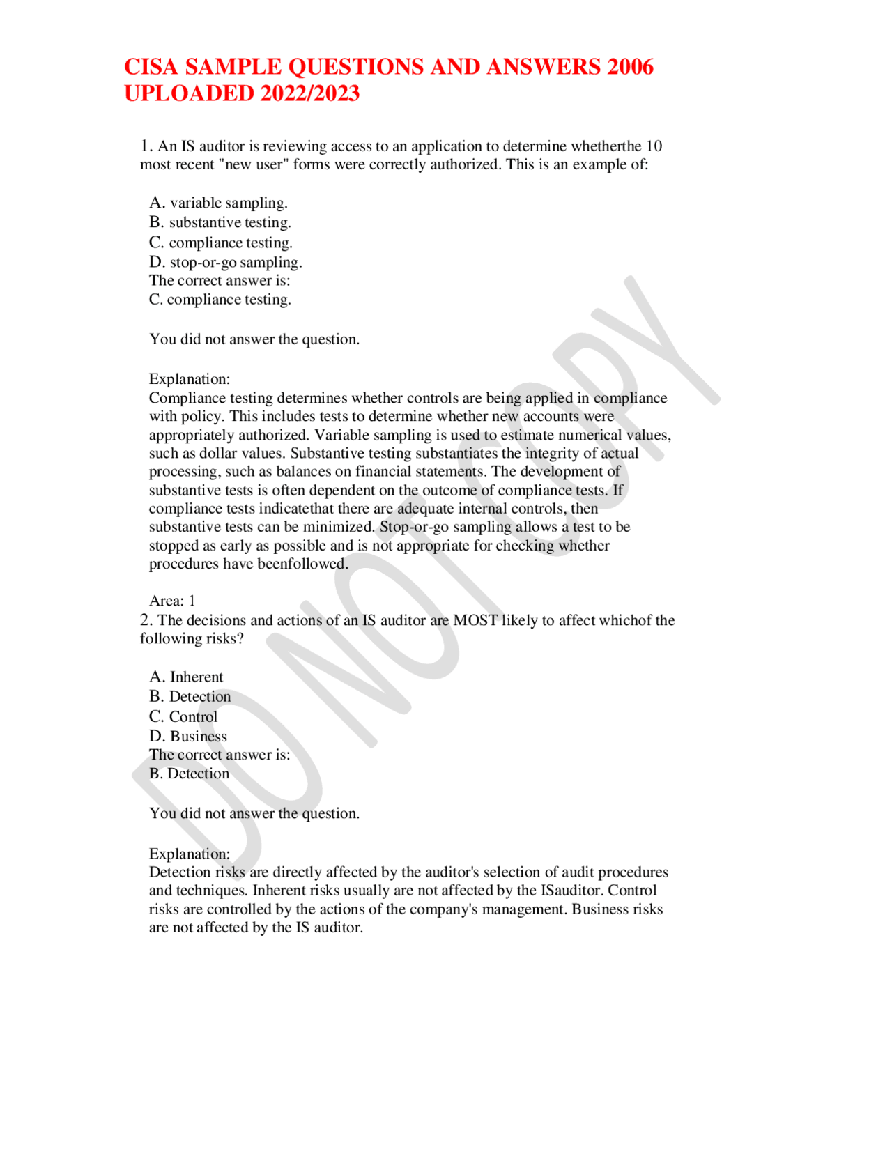 CISA SAMPLE QUESTIONS AND ANSWERS 2006 | Exams Nursing | Docsity