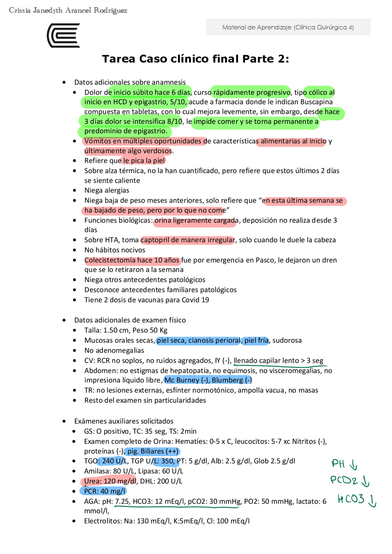 Tarea caso clinico resuelto | Ejercicios de Medicina Interna | Docsity