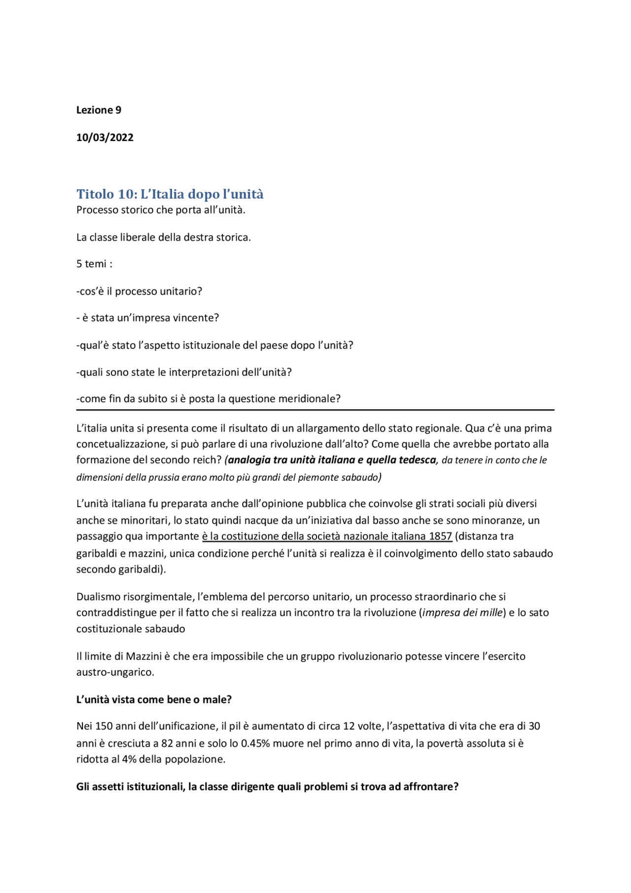 L’Italia dopo L’Unità | Appunti di Storia Contemporanea | Docsity