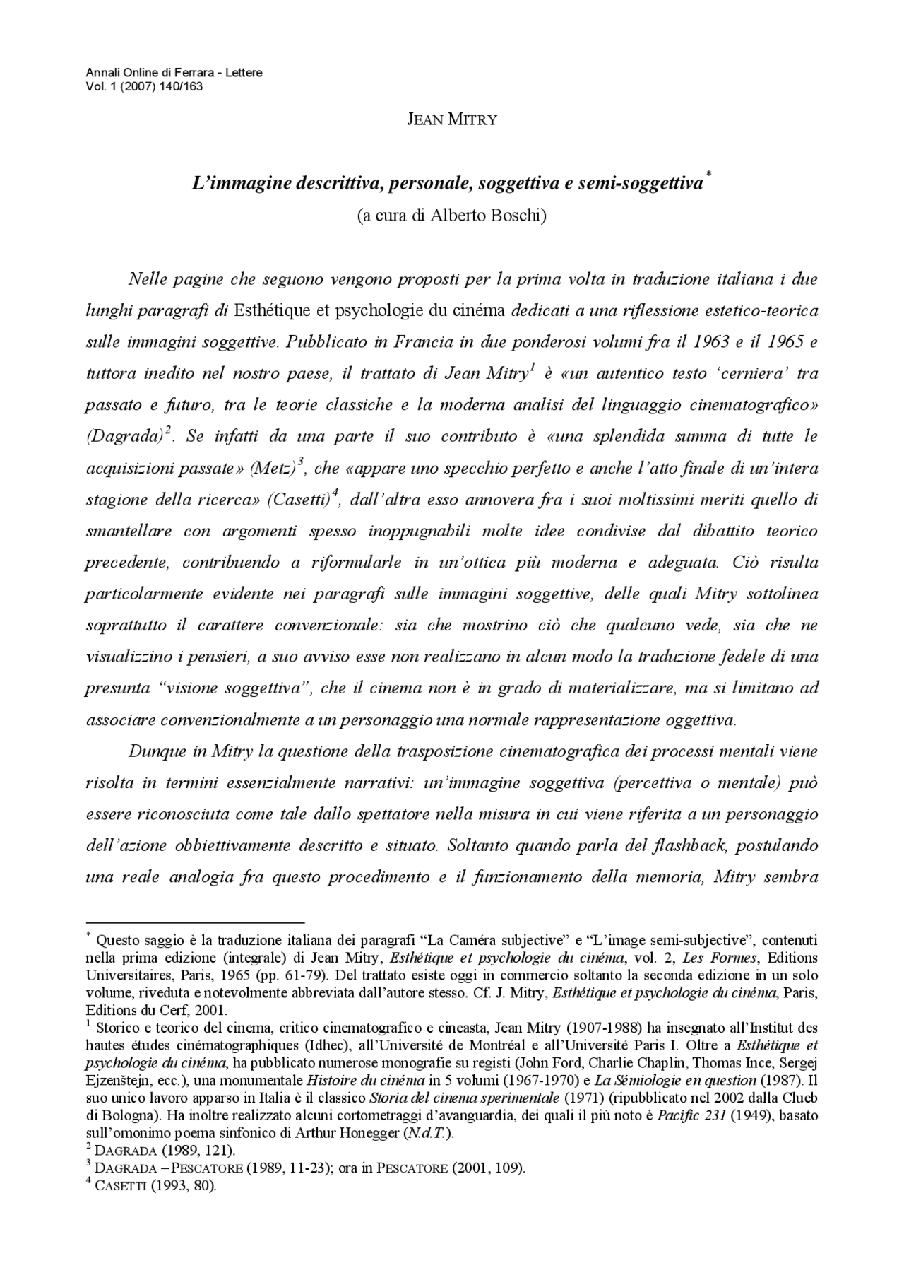 La soggettiva secondo J. Mitry | Sbobinature di Teoria Del Cinema | Docsity