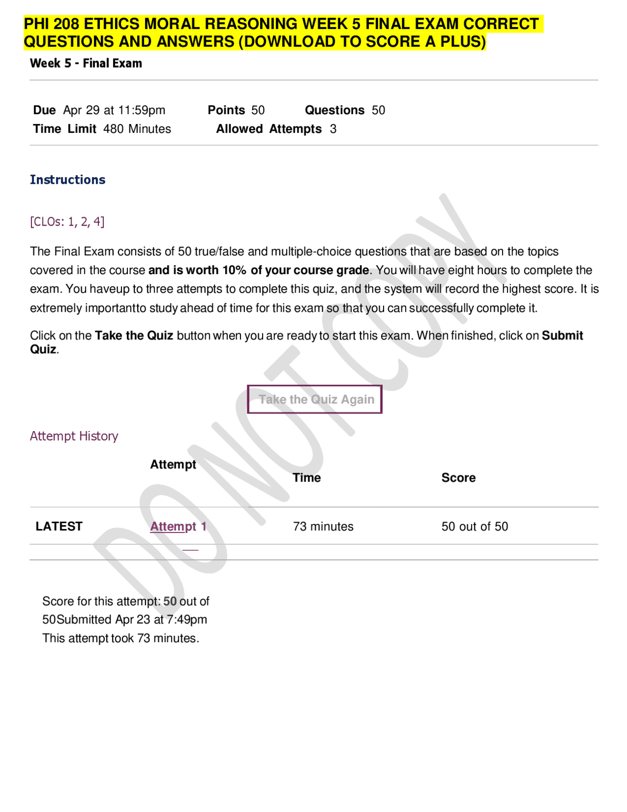 PHI 208 ETHICS MORAL REASONING WEEK 5 FINAL EXAM CORRECT QUESTIONS AND ANSWERS | Exams Nursing ...