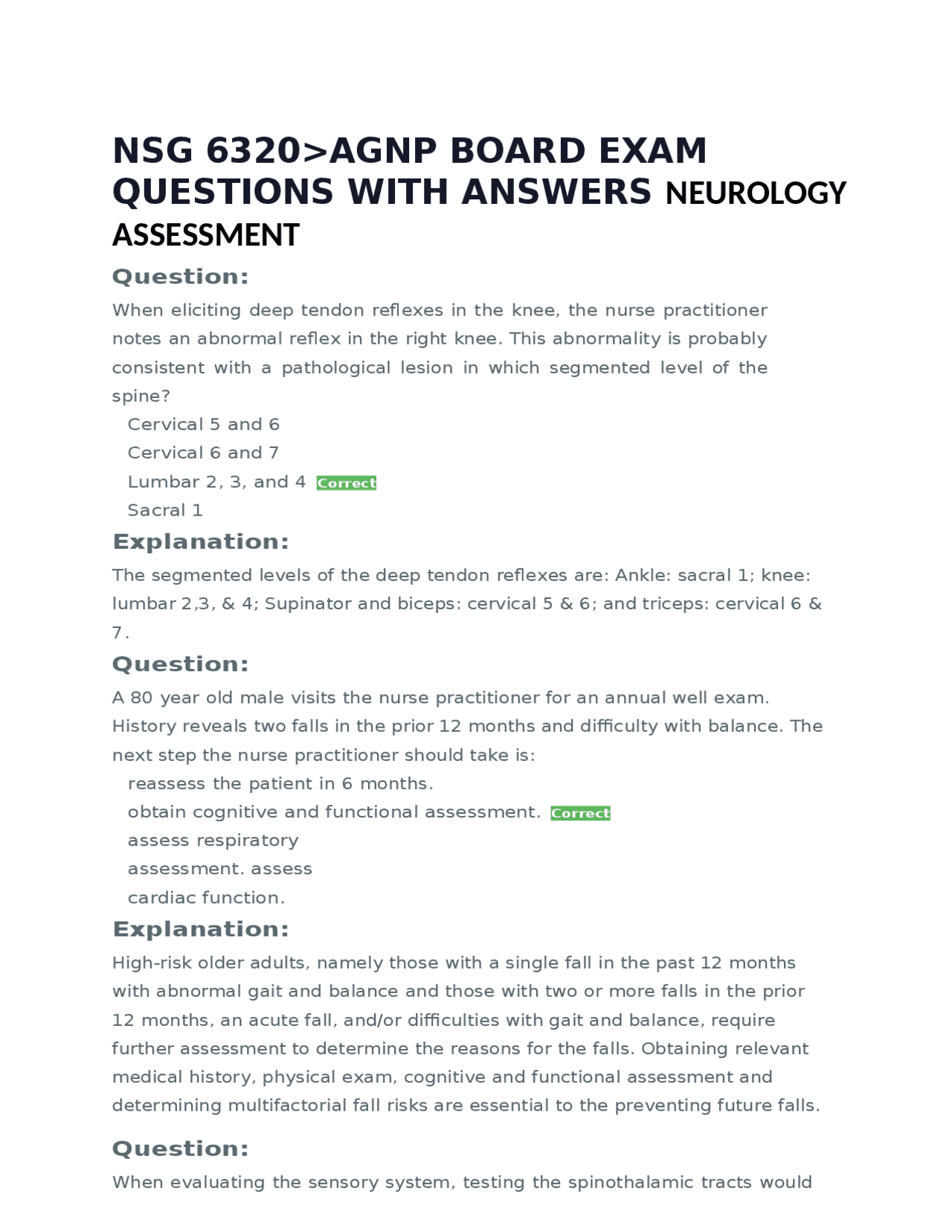 NSG 6320>AGNP BOARD EXAM QUESTIONS WITH ANSWERS NEUROLOGY ASSESSMENT ...