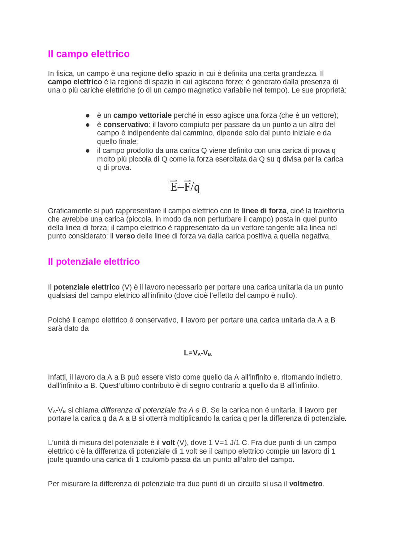 Il campo elettrico (fisica) | Appunti di Fisica | Docsity