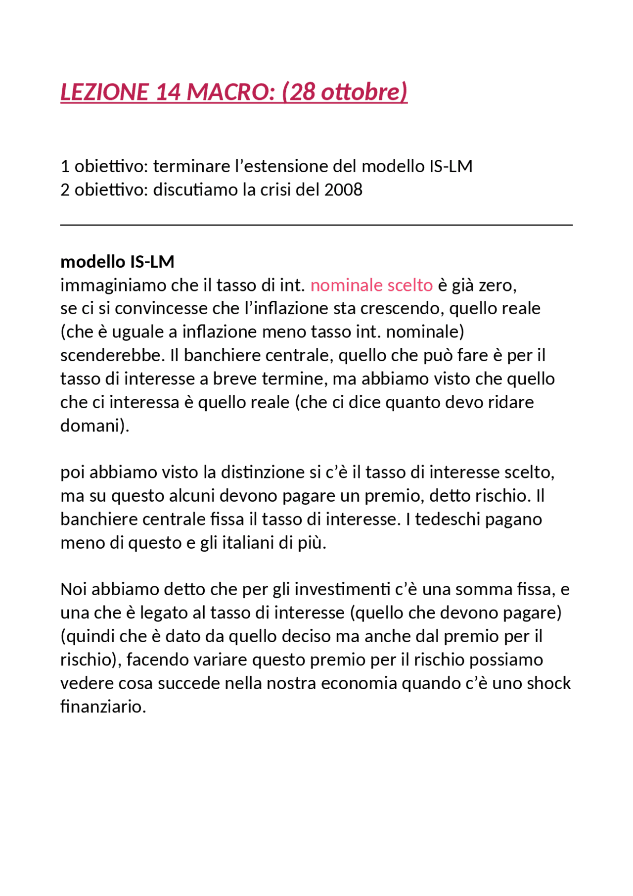 Appunti Macroeconomia Quattordicesima Lezione Appunti Di
