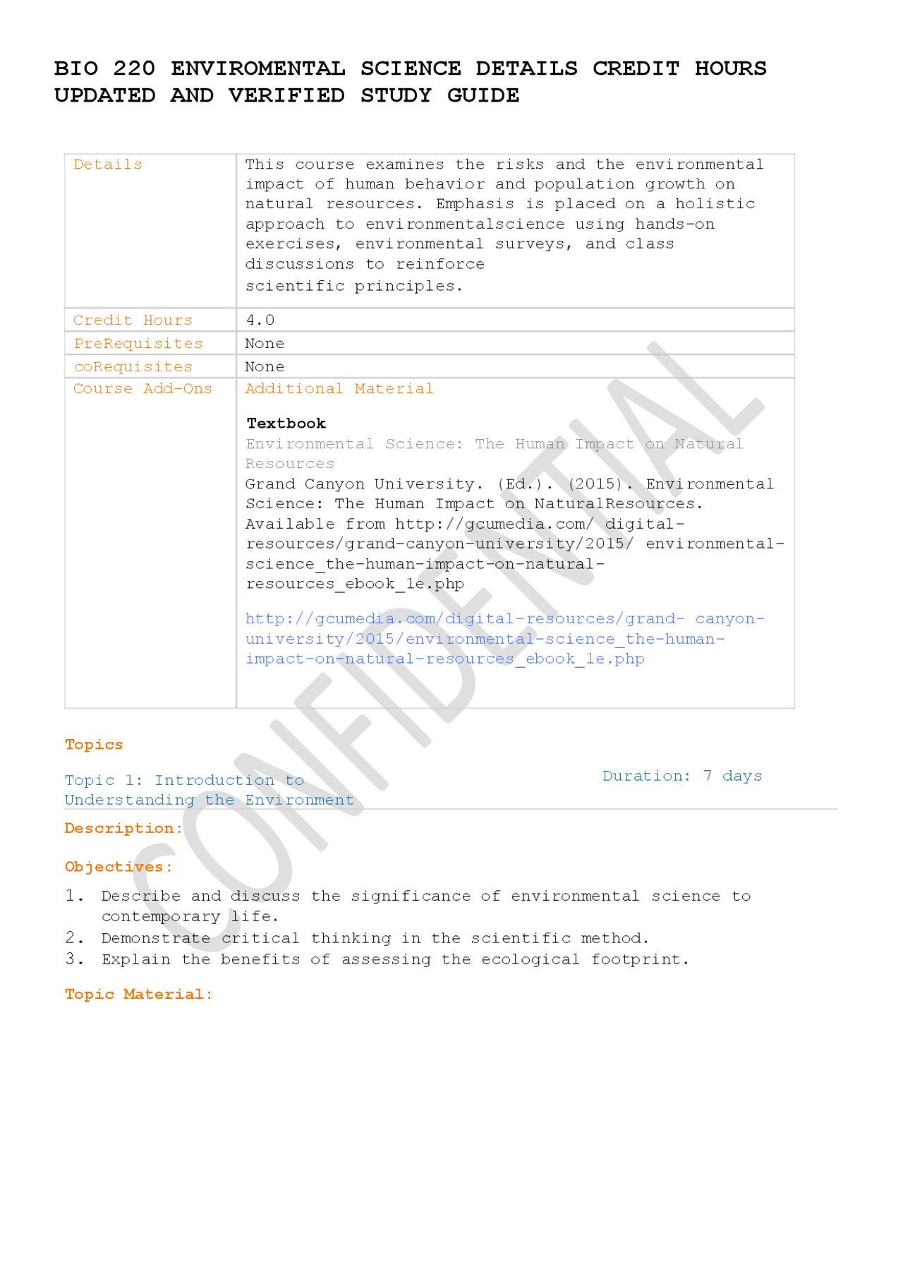 BIO 220 ENVIROMENTAL SCIENCE DETAILS CREDIT HOURS UPDATED AND VERIFIED ...