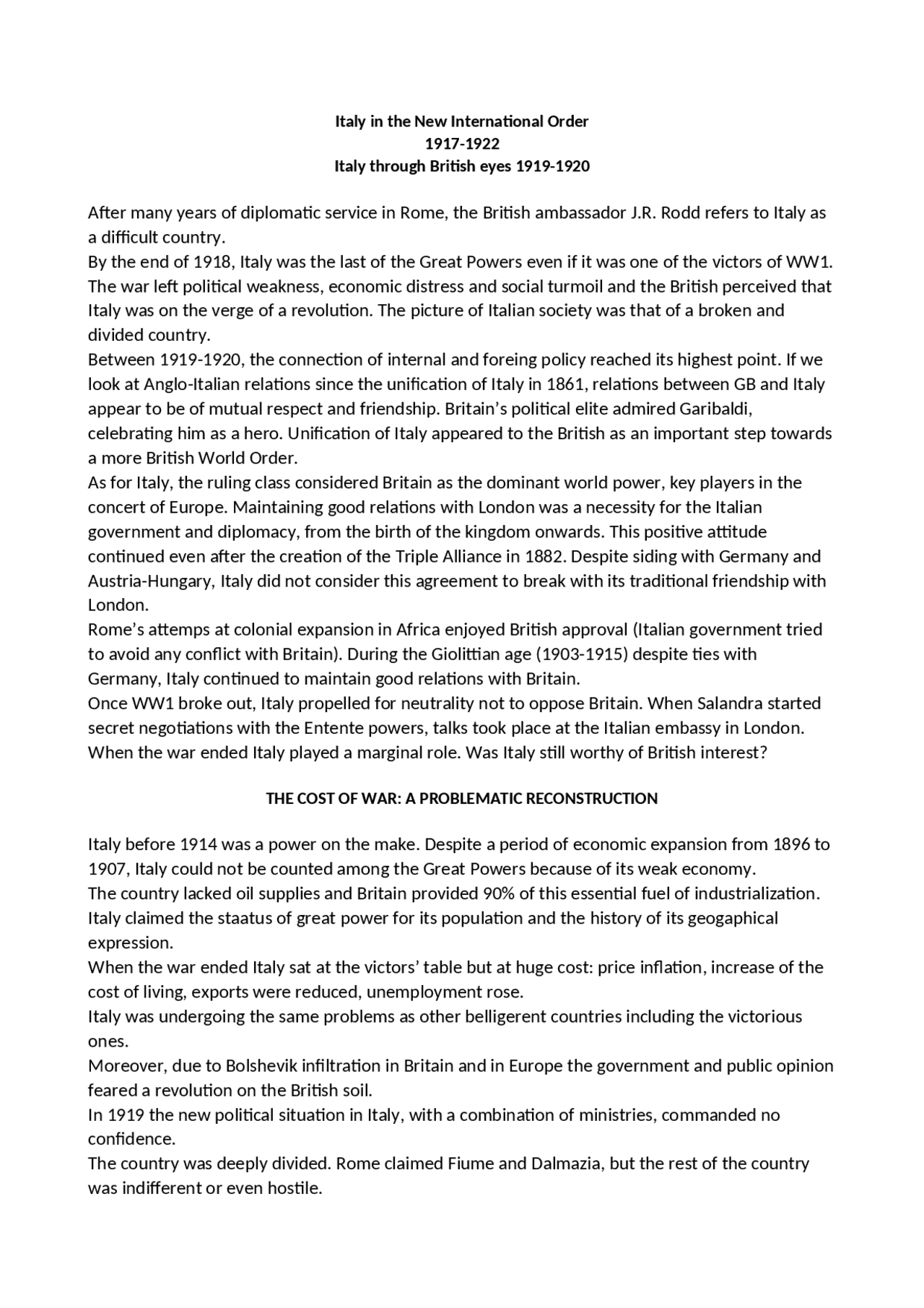 Italy in the new International Order | Appunti di Storia Contemporanea ...