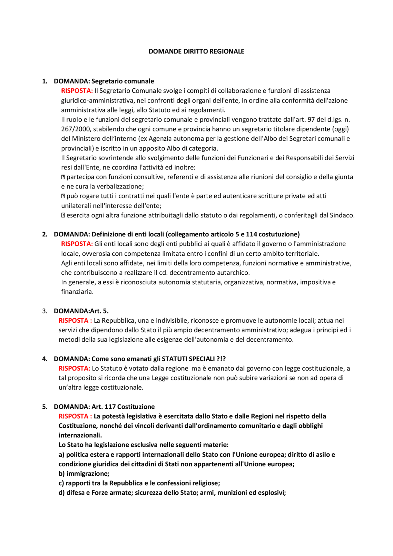 Diritto Regionale Domande Appunti Di Diritto Regionale Docsity