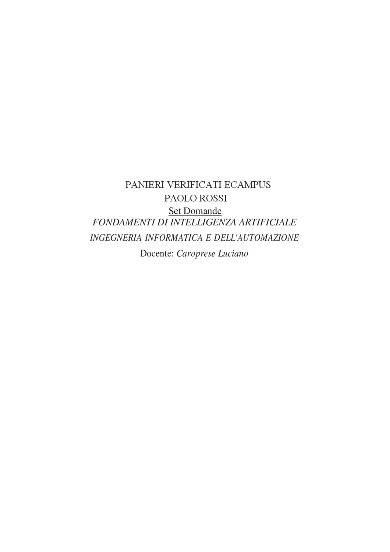 Paniere Fondamenti Di Intelligenza Artificiale Ingegneria Informatica E