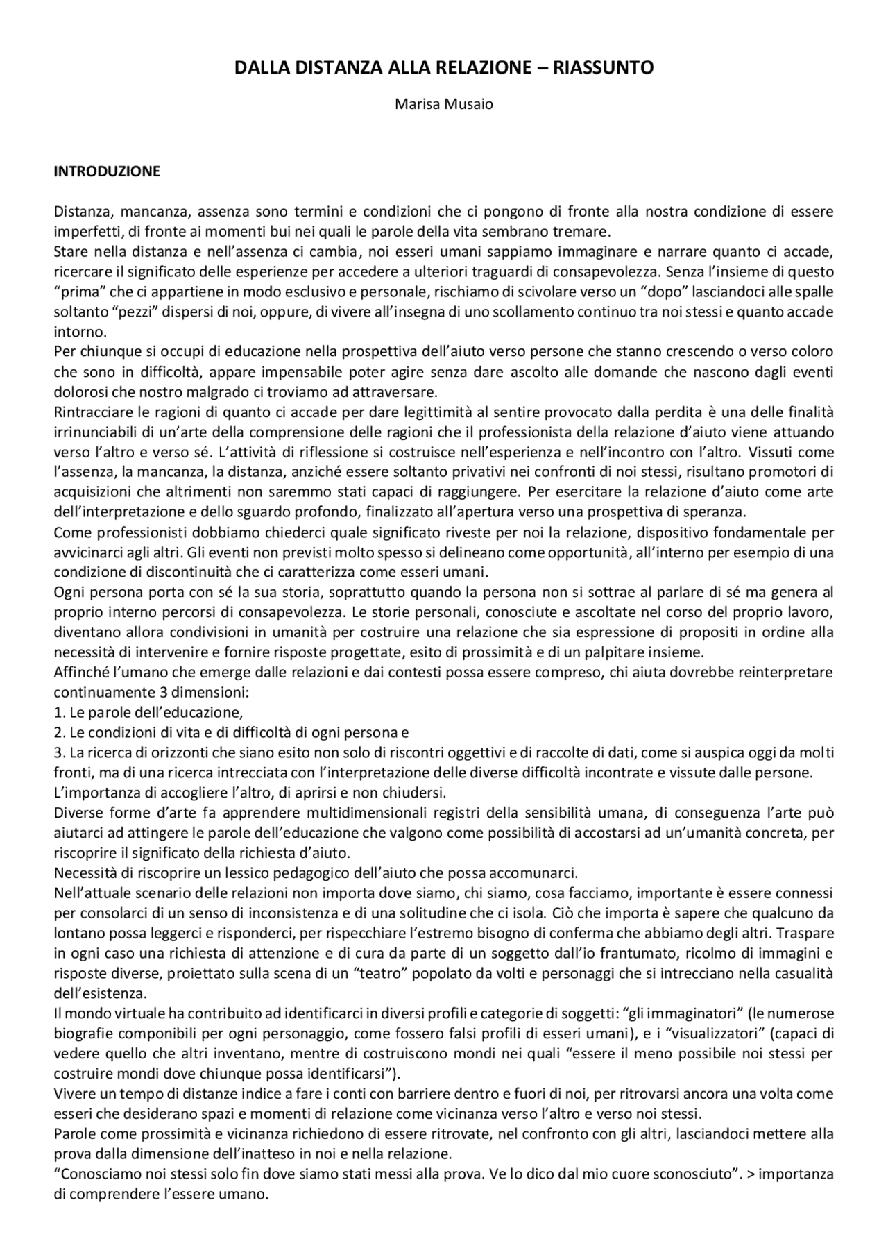 Riassunto dalla distanza alla relazione | Slide di Pedagogia | Docsity