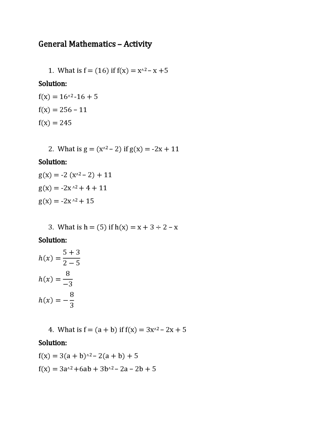 General Mathematics Activityquiz Quizzes Mathematics Docsity