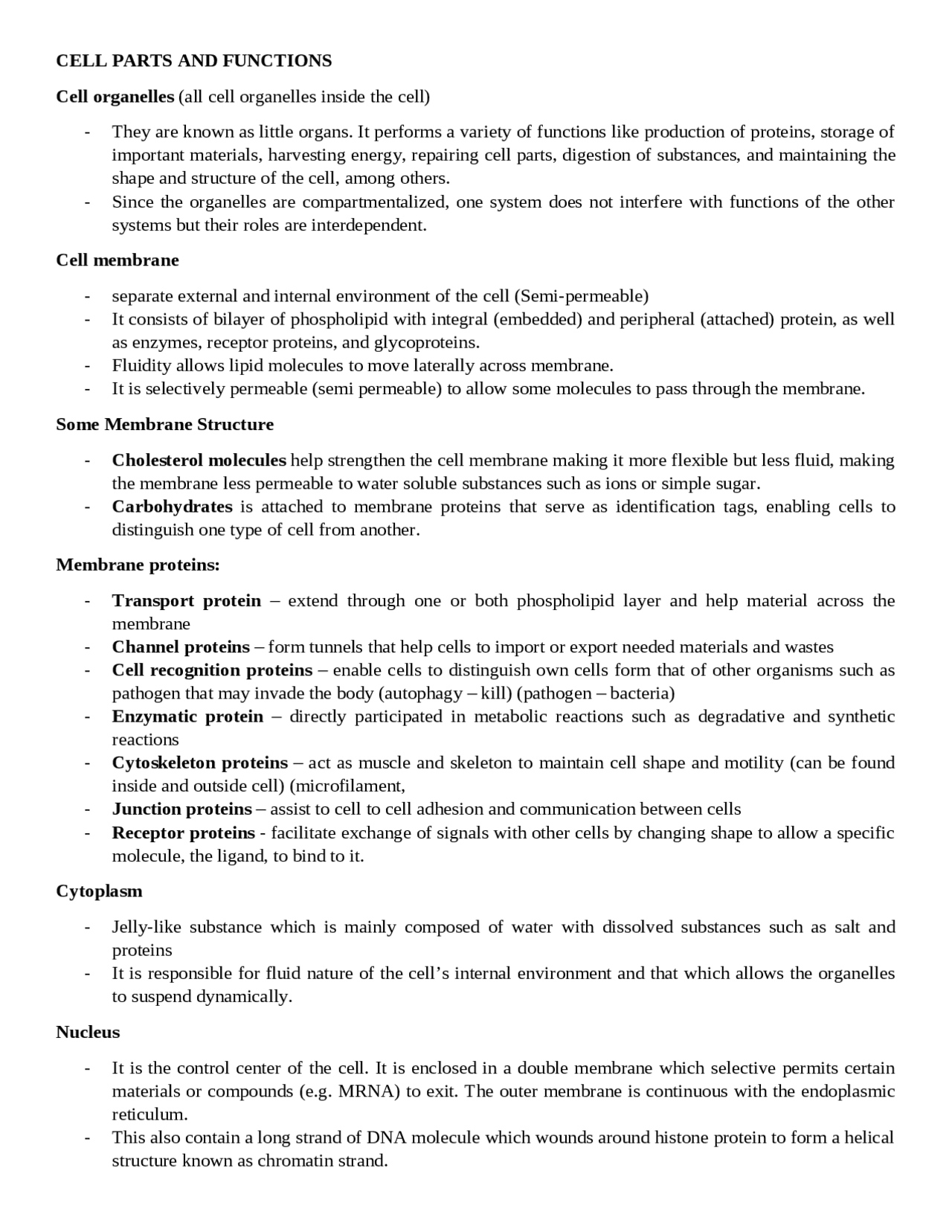 Cell Parts And Functions Lecture Notes Biology Docsity