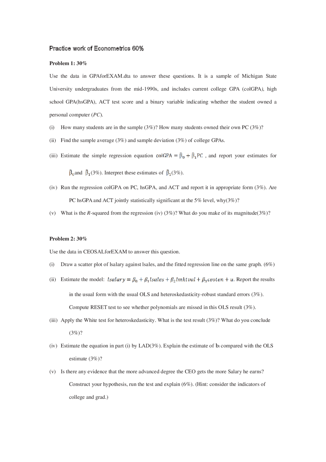 Econometrics Practice Question Assignments Economics Docsity