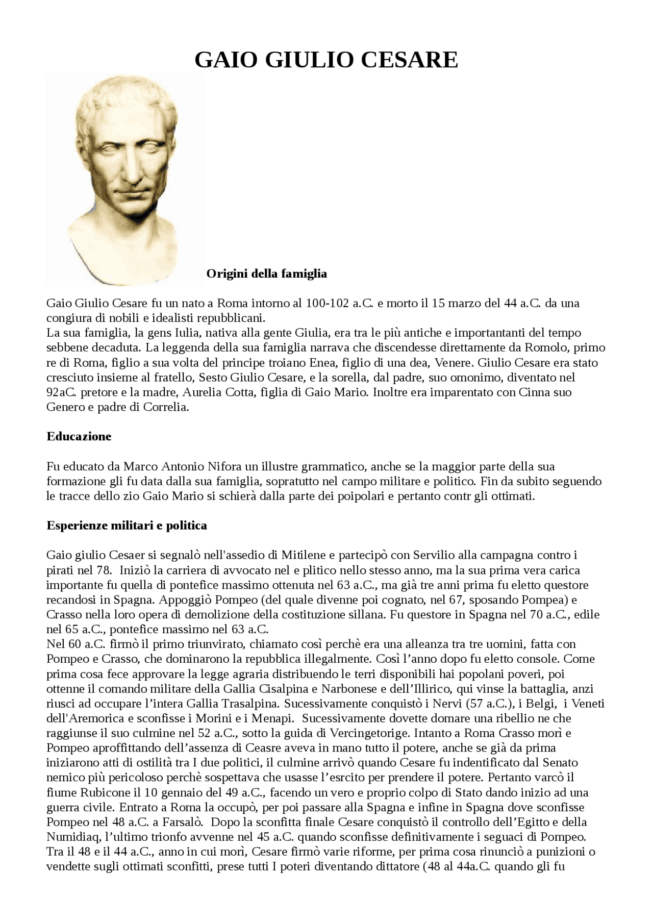 Limperatore Giulio Cesare Appunti Di Storia Docsity