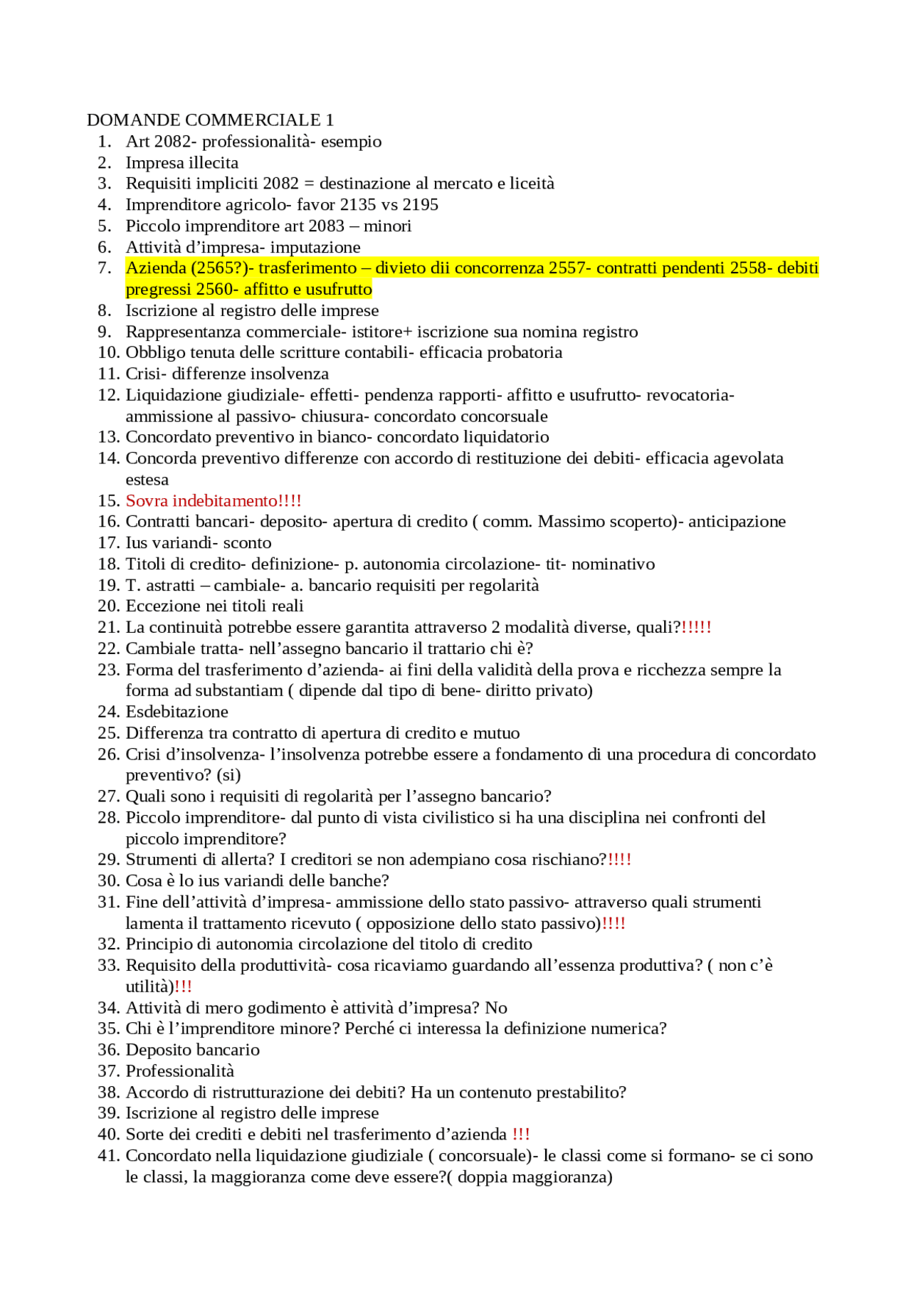 Raccolta di domande fatte all'esame | Prove d'esame di Diritto Commerciale | Docsity