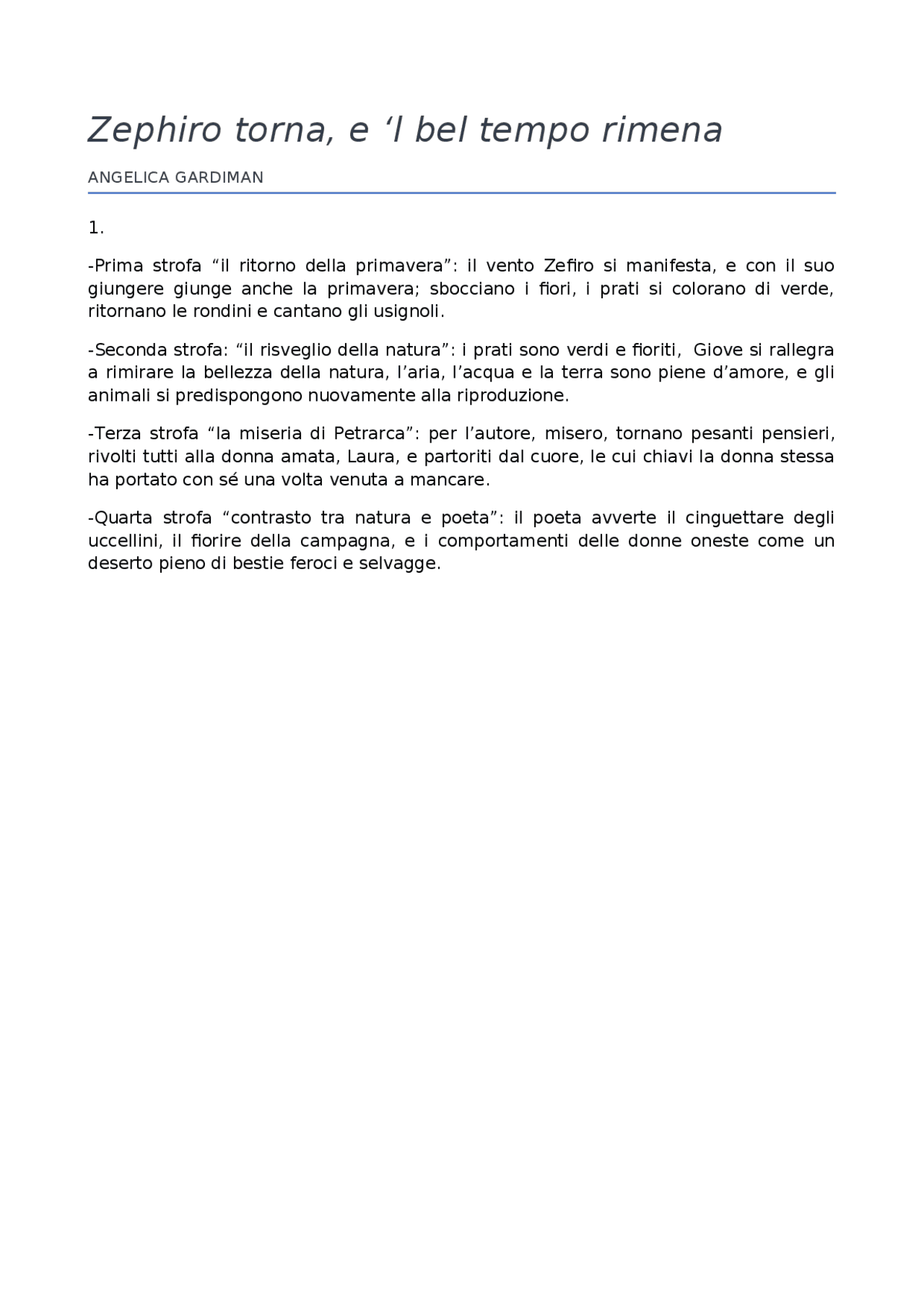 Zephiro che il bel tempo rimena | Schemi e mappe concettuali di Letteratura | Docsity