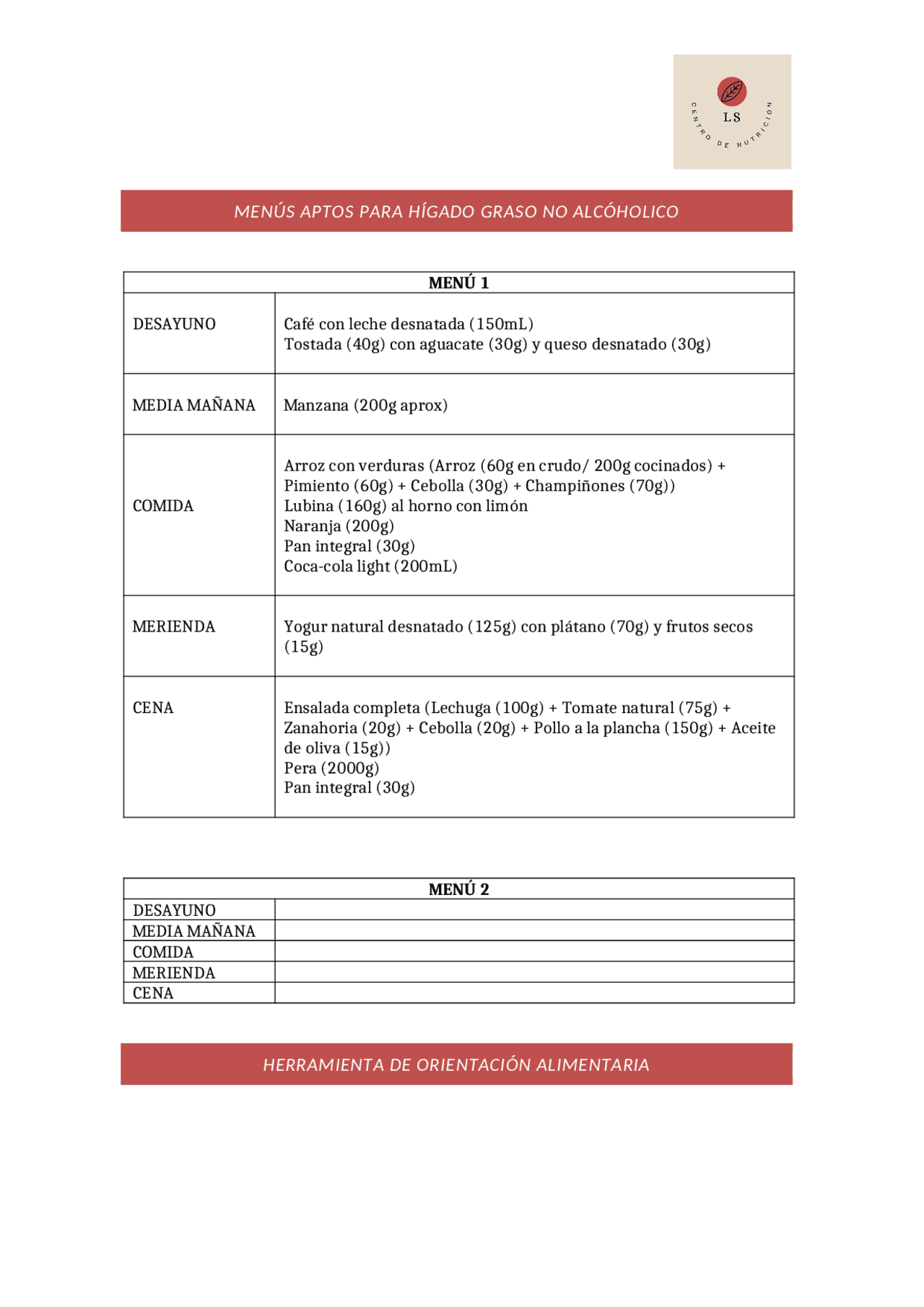 Ejemplo menu en NAFLD | Ejercicios de Patología | Docsity